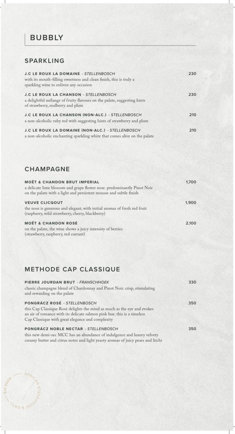 Menu at Tribes restaurant, Kempton Park, Emperors Palace Casino