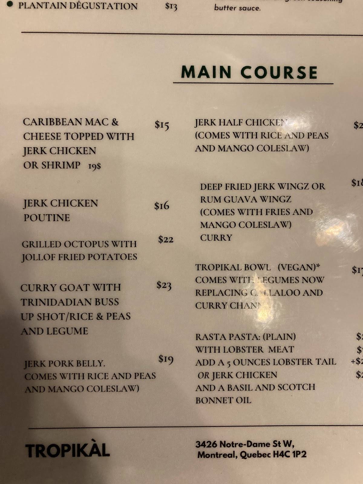 Menu at Tropikàl restaurant, Montréal