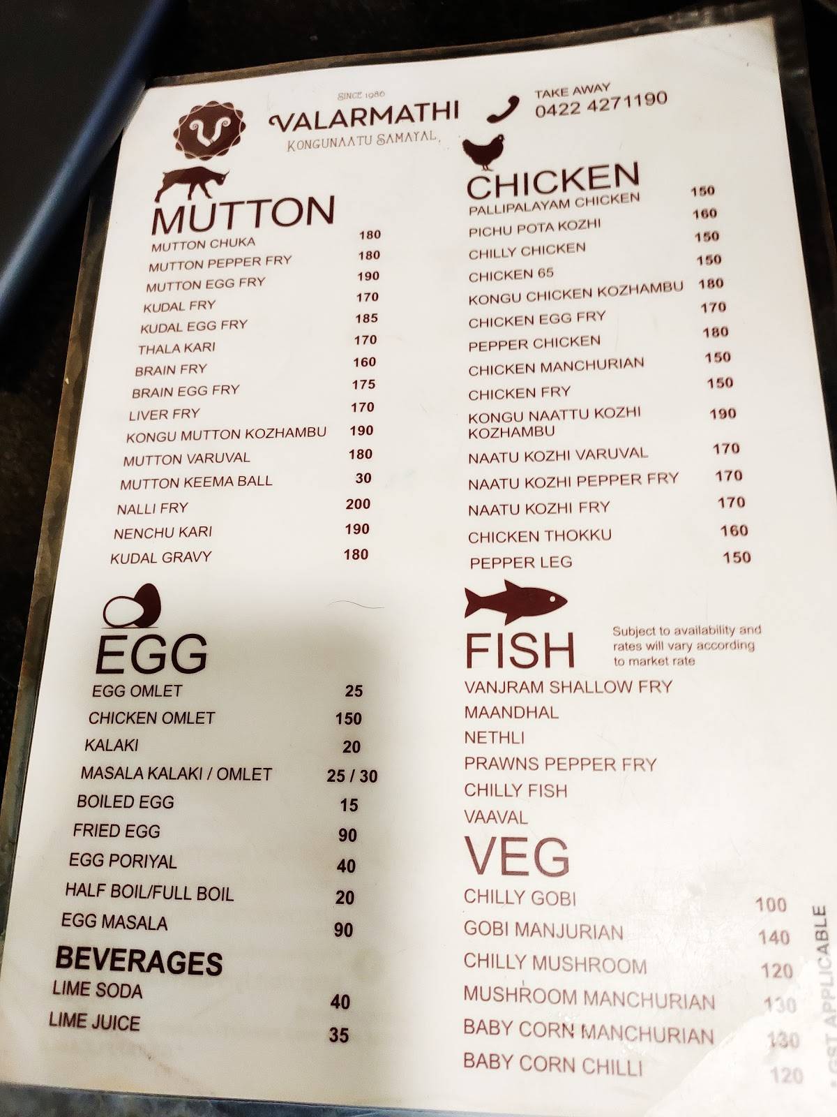 Menu at Valarmathi Mess, Coimbatore, CSI Compound