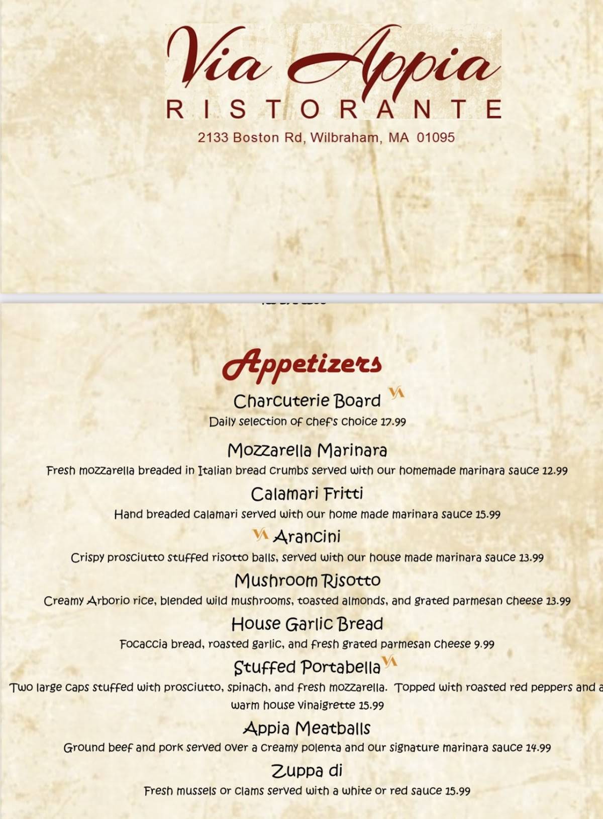 Menu at Via Appia Ristorante restaurant, Wilbraham