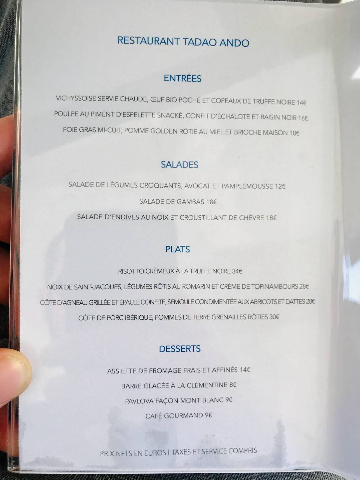 Menu au Restaurant de Tadao Ando, Le Puy-Sainte-Réparade