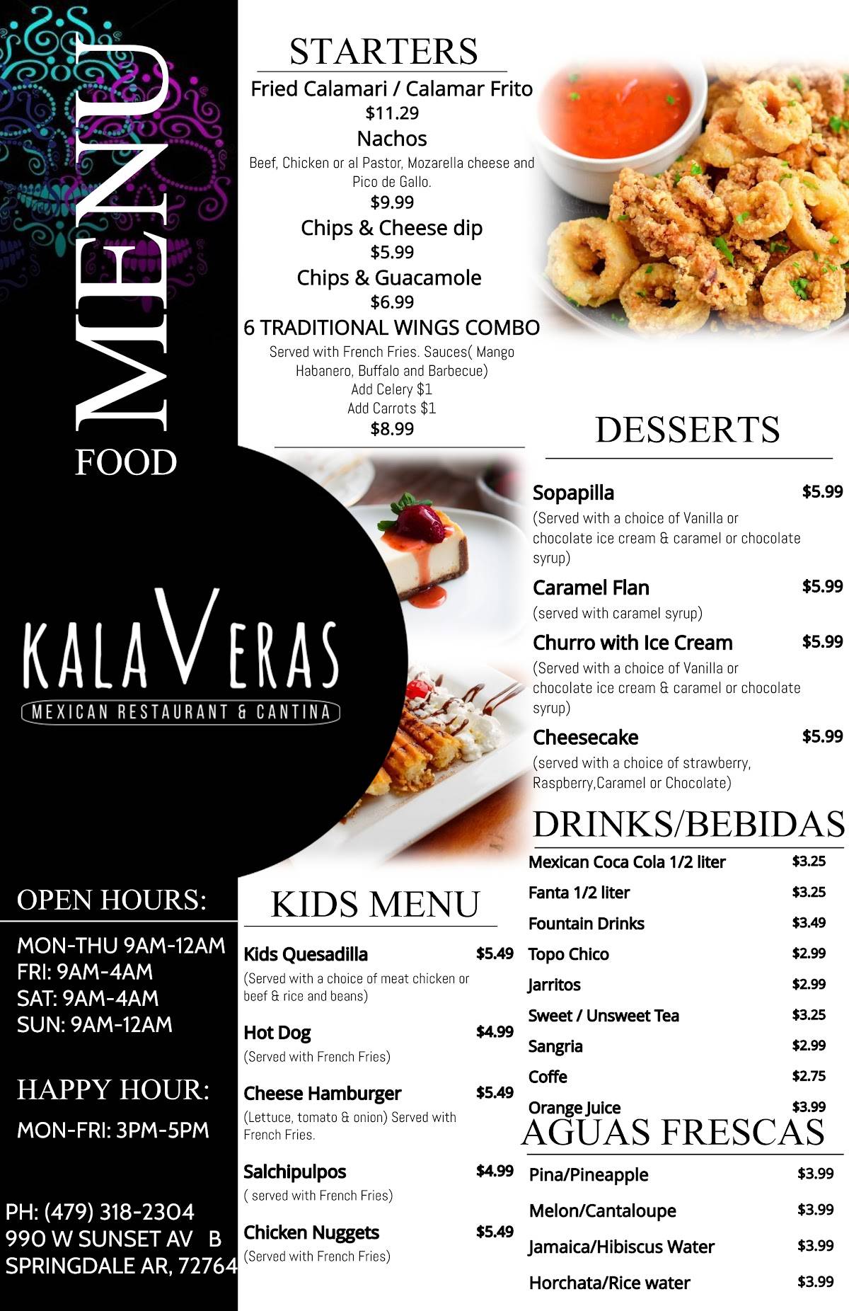 Menu at kalaveras AR restaurant, Springdale