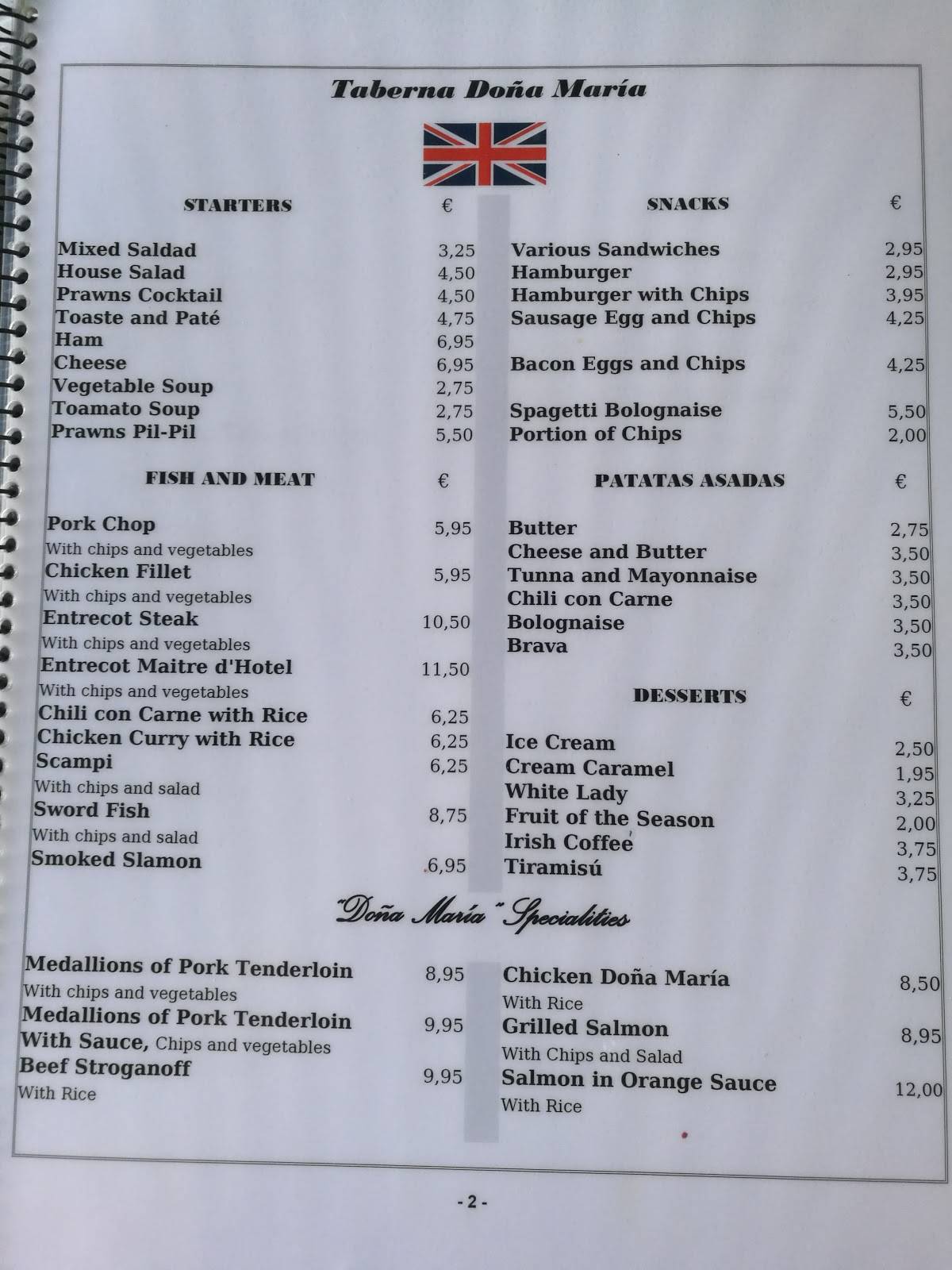 Menu at Restaurante Doña María, Las Lagunas de Mijas