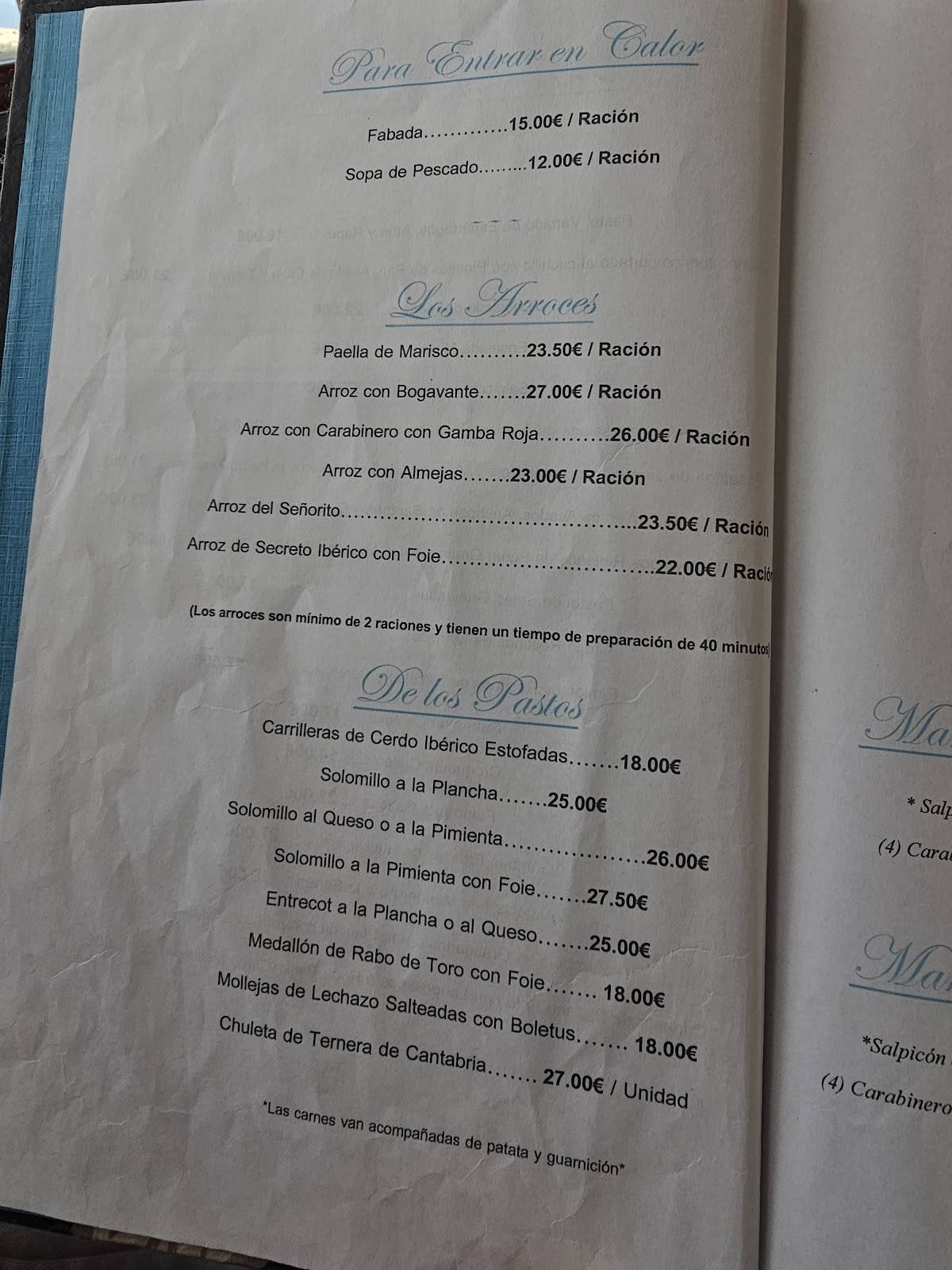 Carta del restaurante Rte. El Caserio, Suances