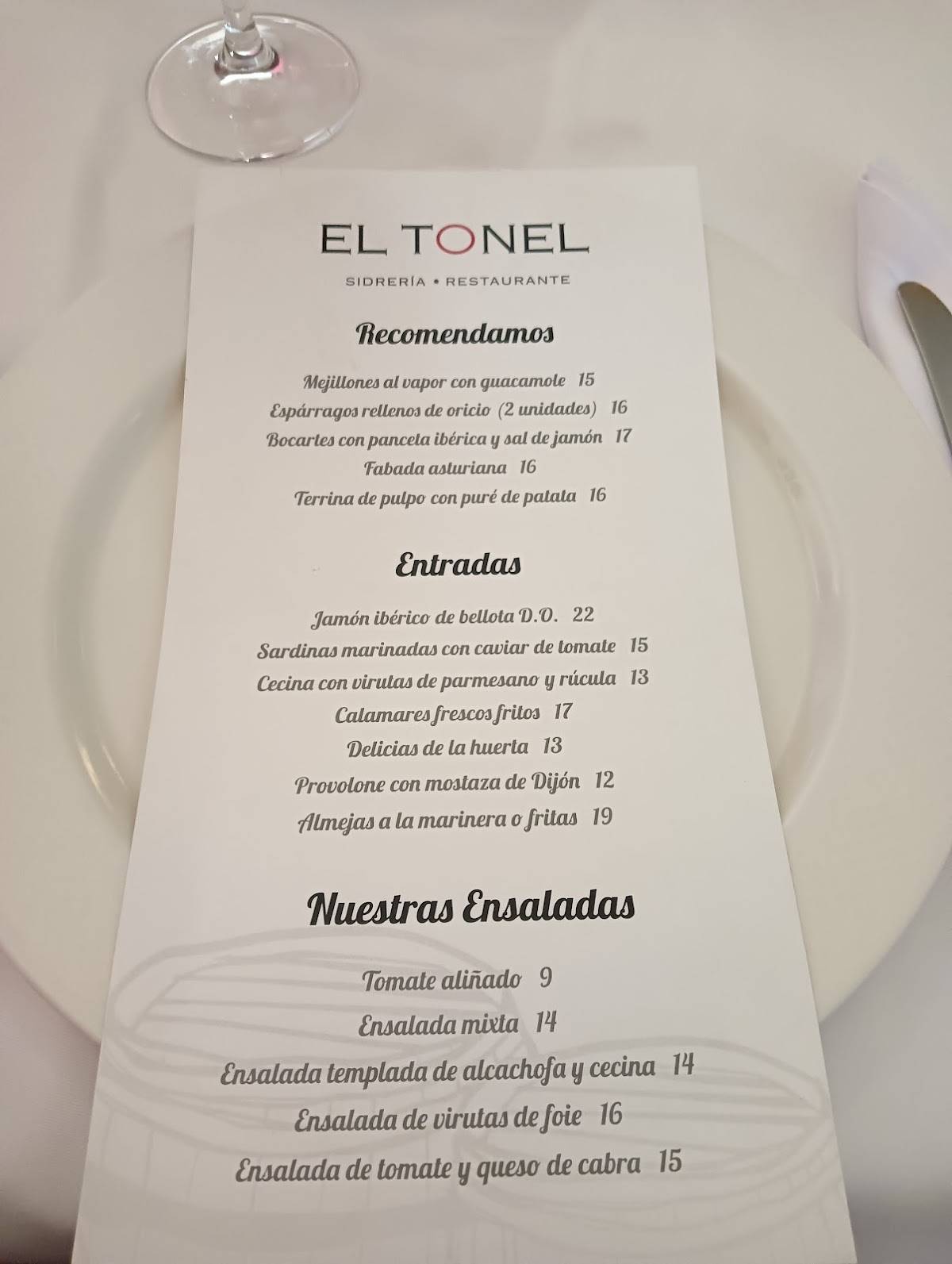 Carta de Restaurante El Tonel, Villaviciosa