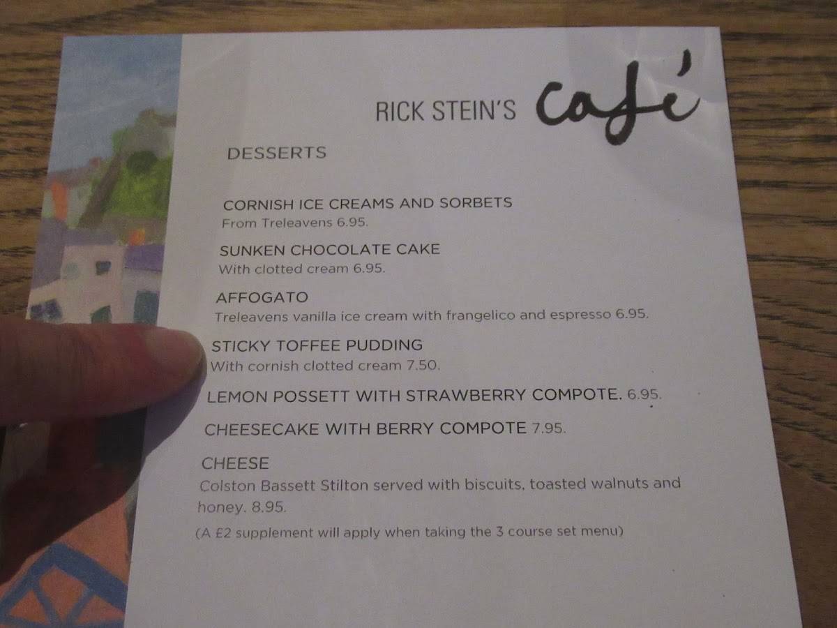 Menu at Rick Stein's Café restaurant, Padstow, 10 Middle St