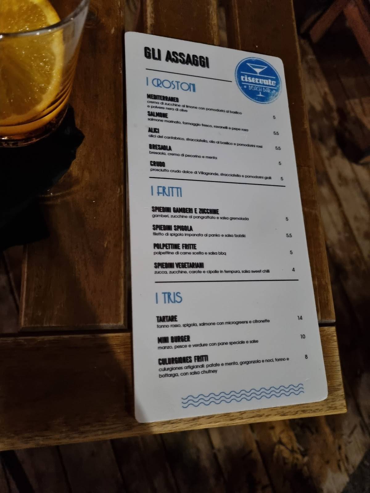Menu da Riservato Beach Bar, Alghero
