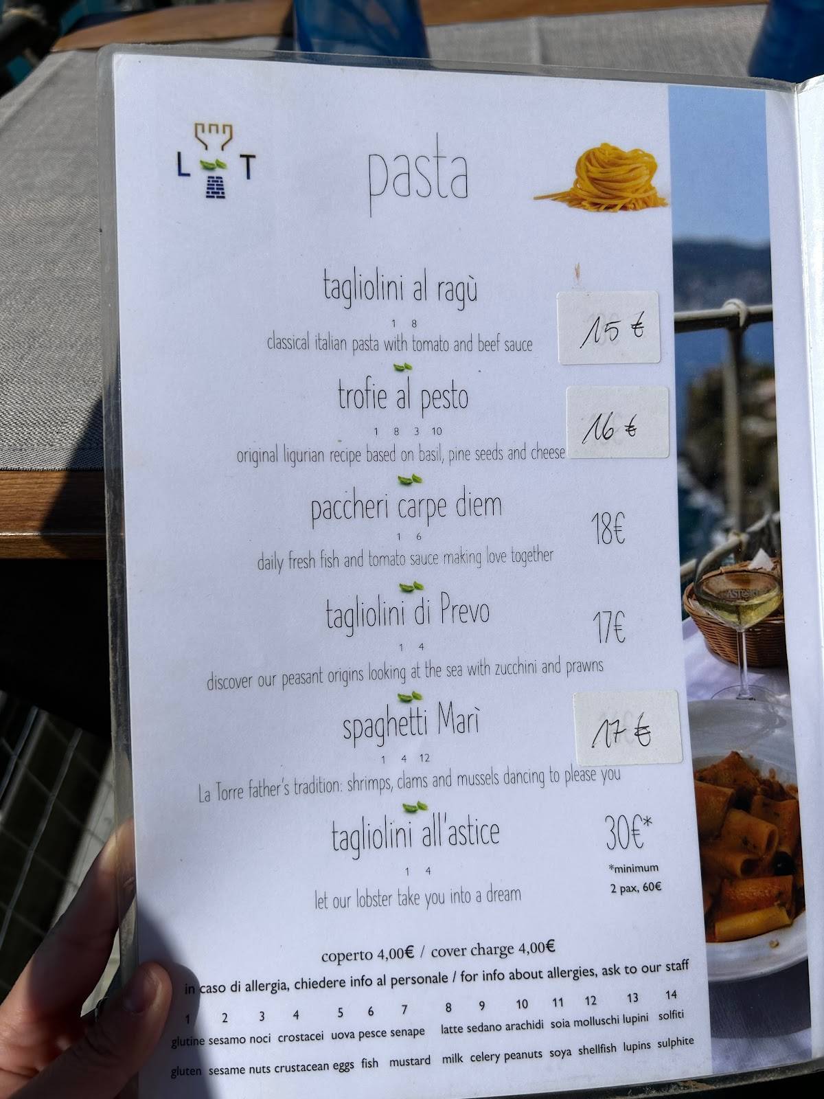Menu at Ristorante La Torre, Vernazza