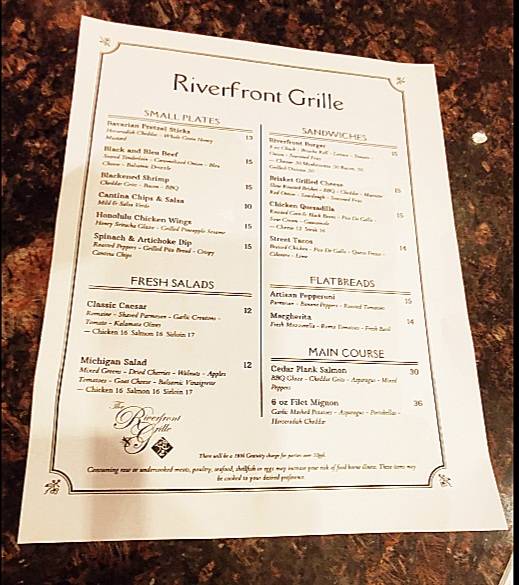 Menu at Riverfront Grille restaurant, Bay City