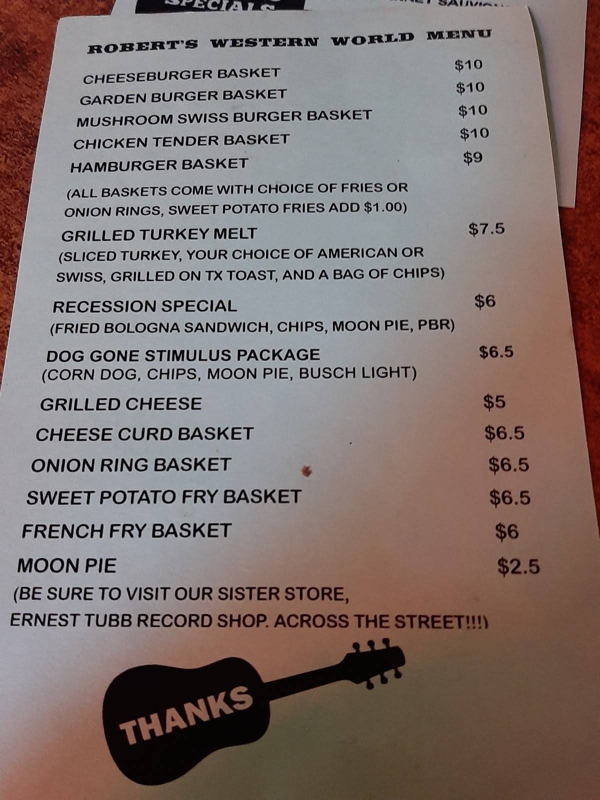 Menu at Robert's Western World pub & bar, Nashville