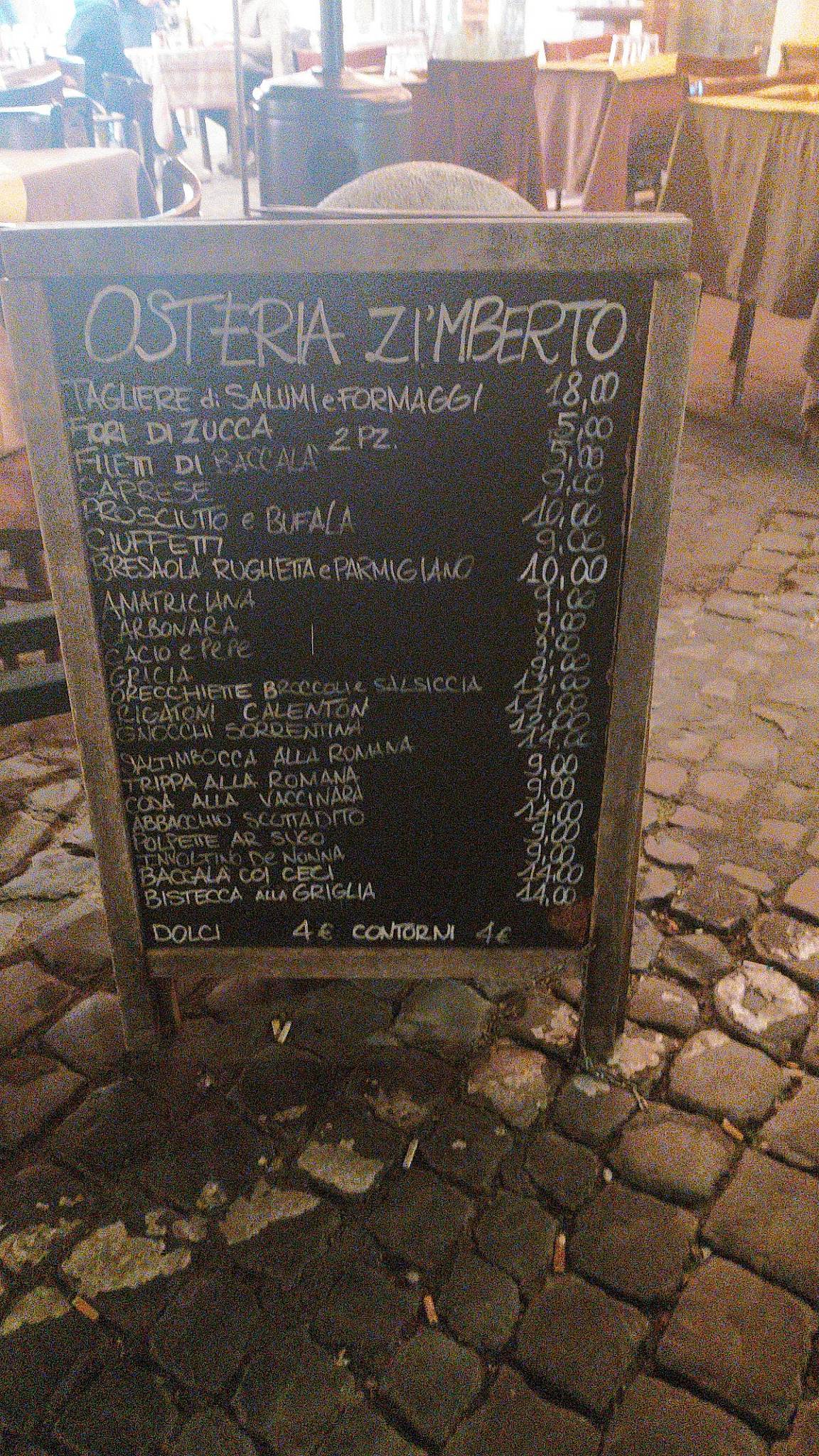 Menu at Osteria da Zi Umberto restaurant, Rome