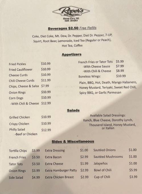 Menu at Ropers Bar and Grill, David City