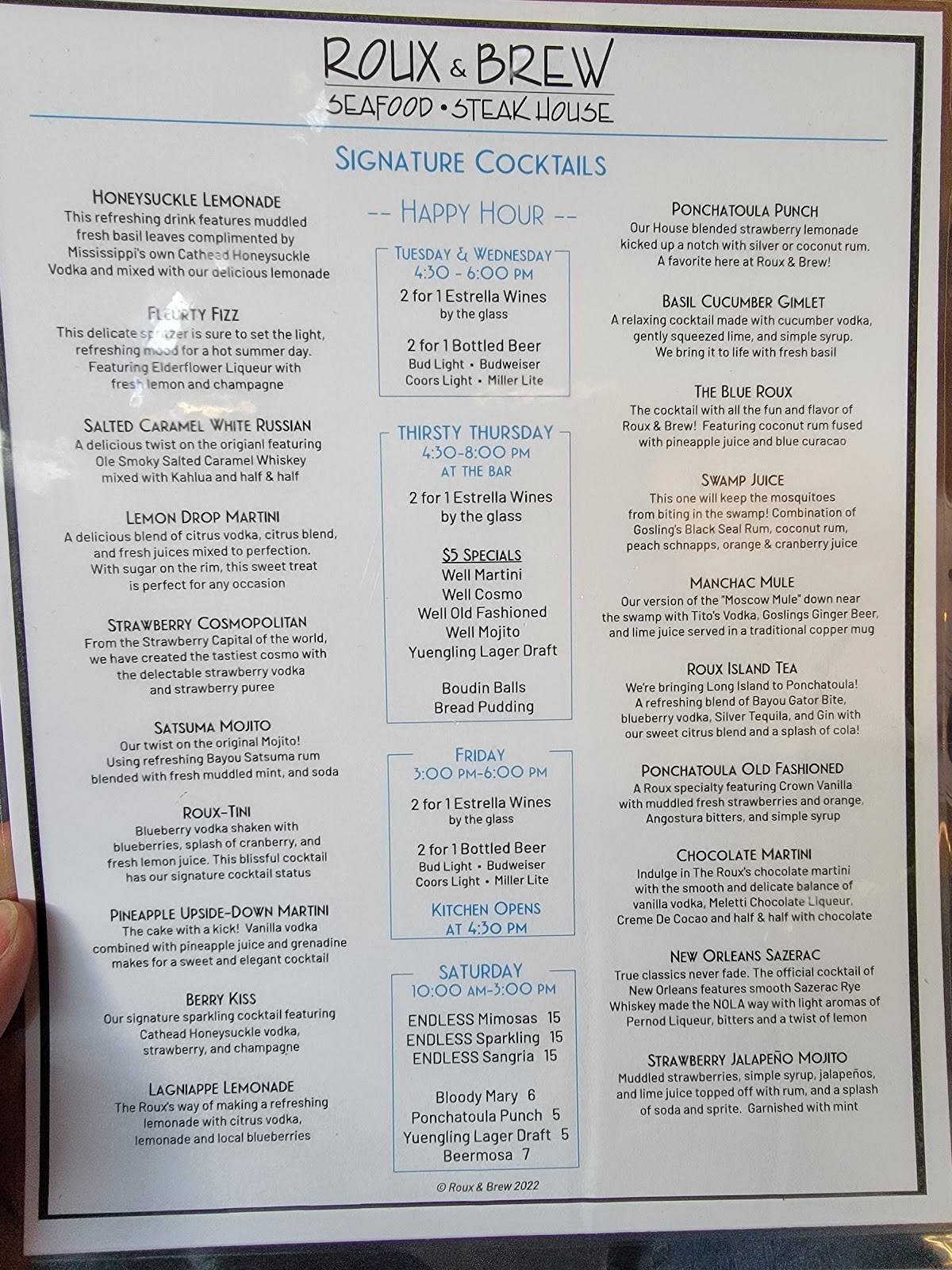Menu at Roux & Brew Seafood and Steak House pub & bar, Ponchatoula