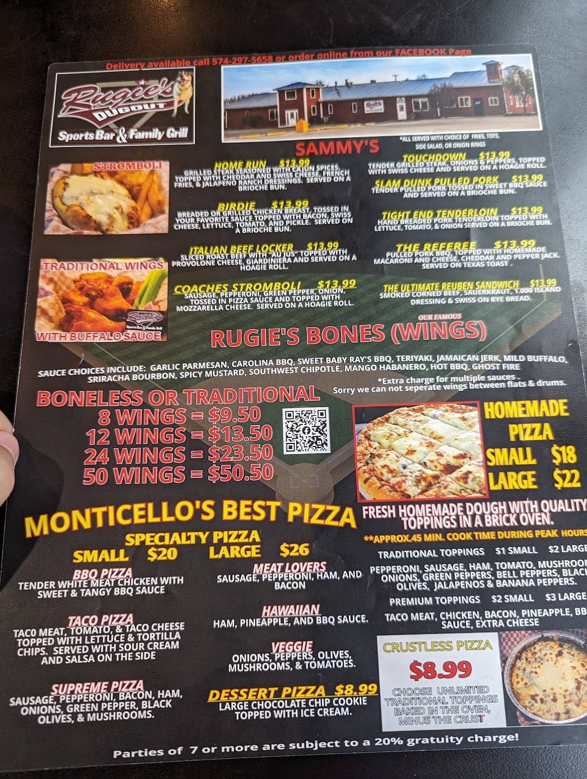 Menu at Rugies Dugout pub & bar, Monticello