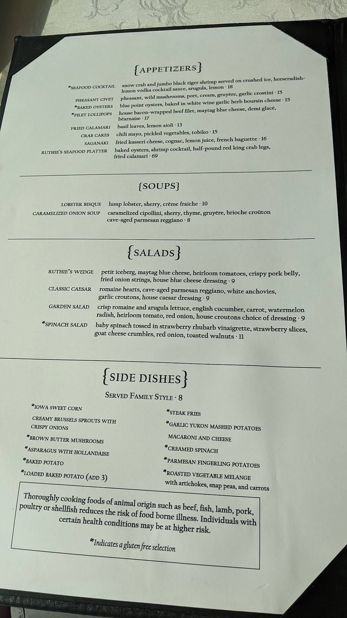 Menu at Ruthie's Steaks & Seafood steakhouse, Davenport