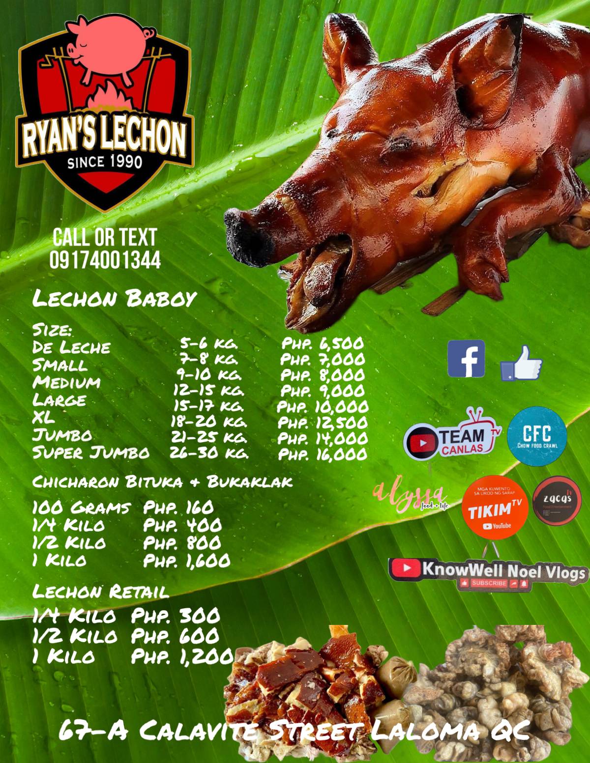 Menu at Ryan's Lechon Baboy and Baka restaurant, Quezon City