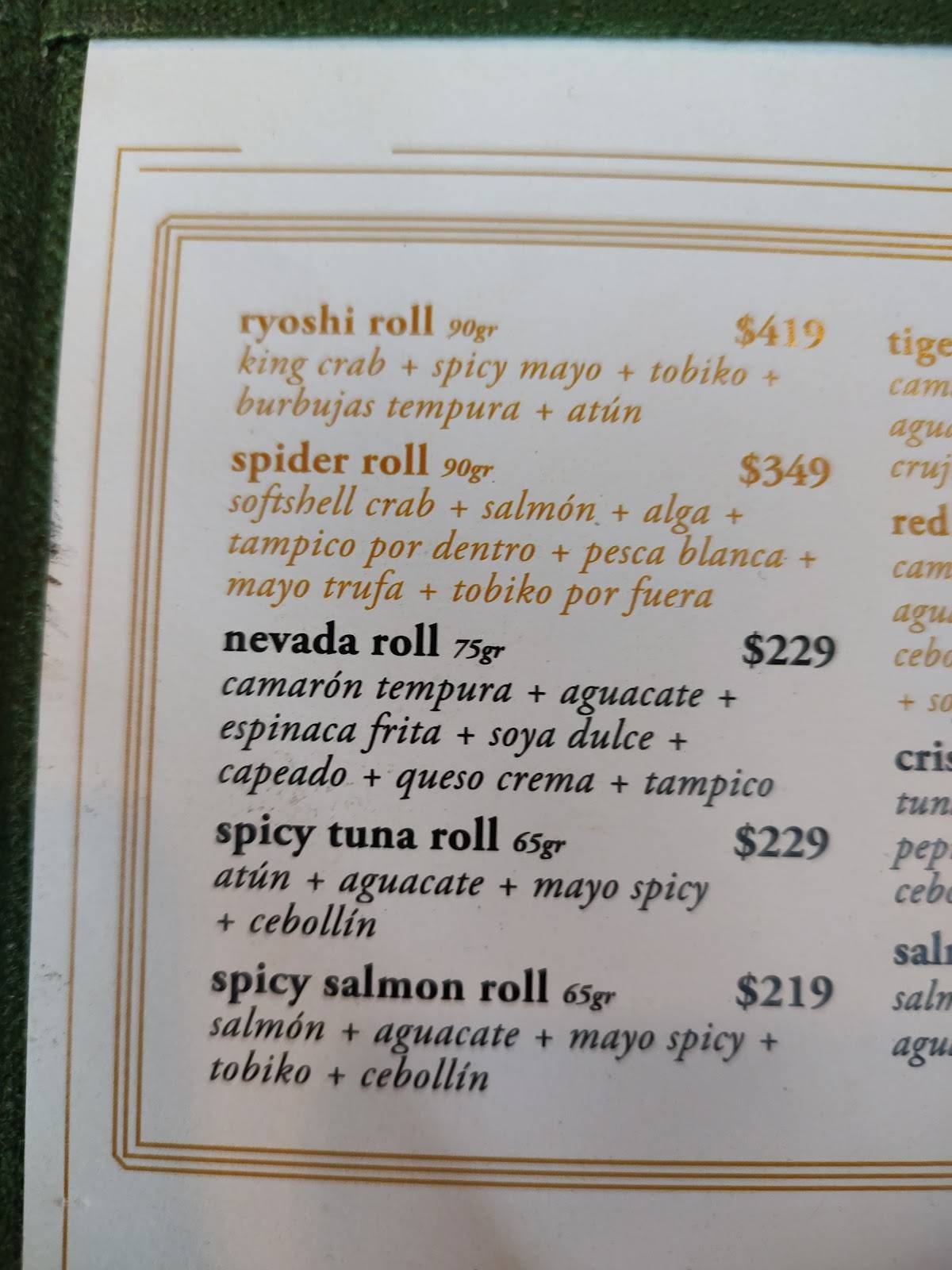 Carta del restaurante Ryoshi Monterrey, Monterrey