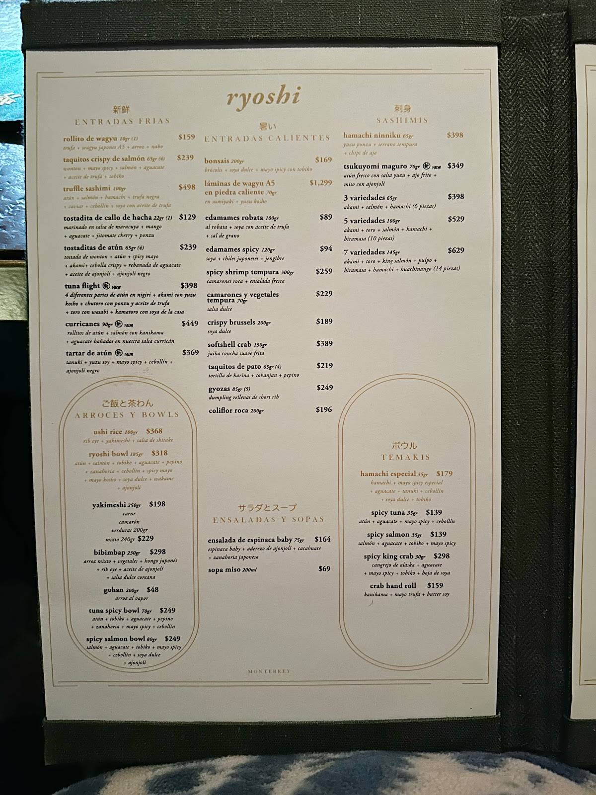 Carta del restaurante Ryoshi Monterrey, Monterrey