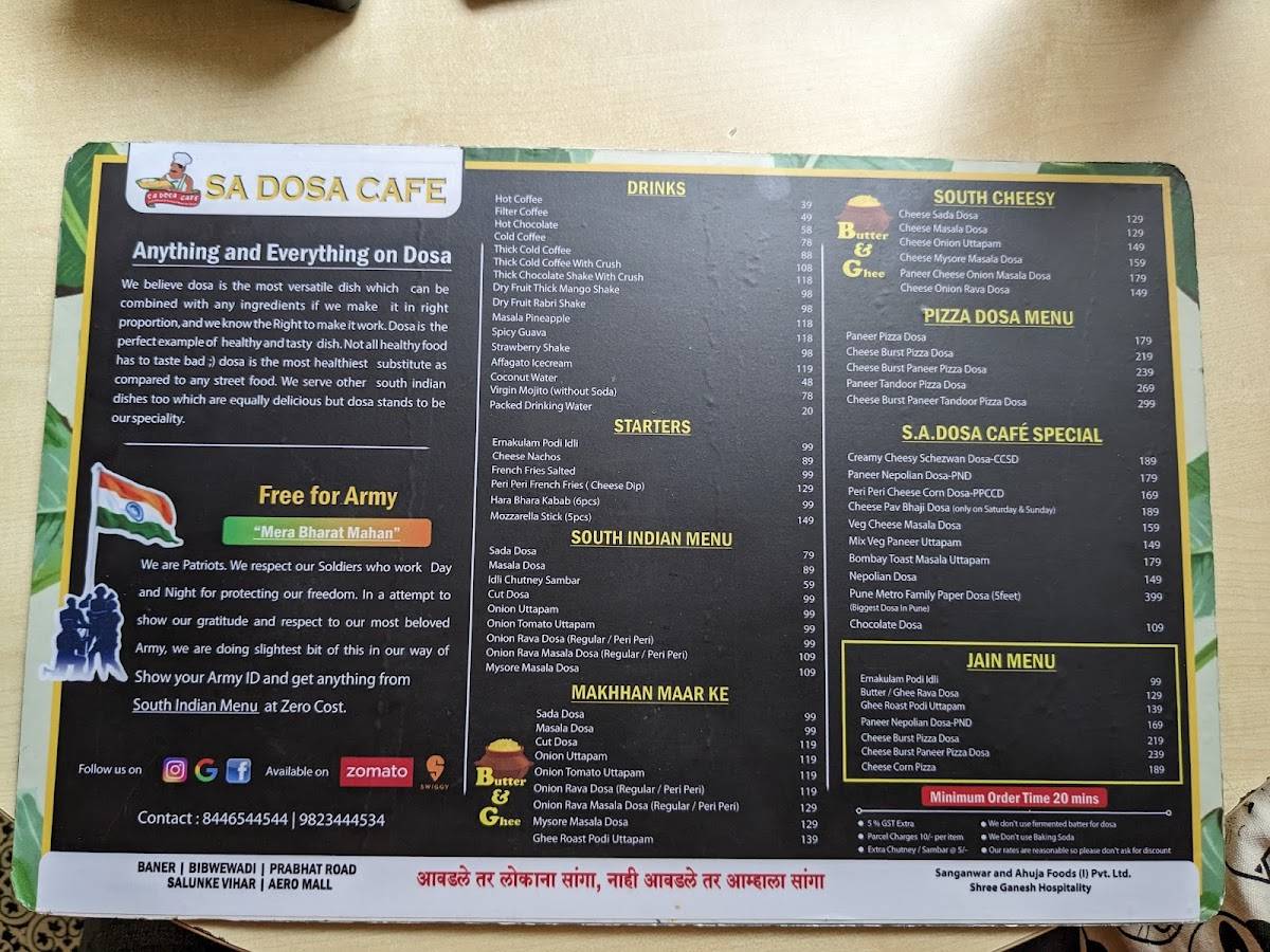Menu at SA DOSA CAFE, Pune, Shop no