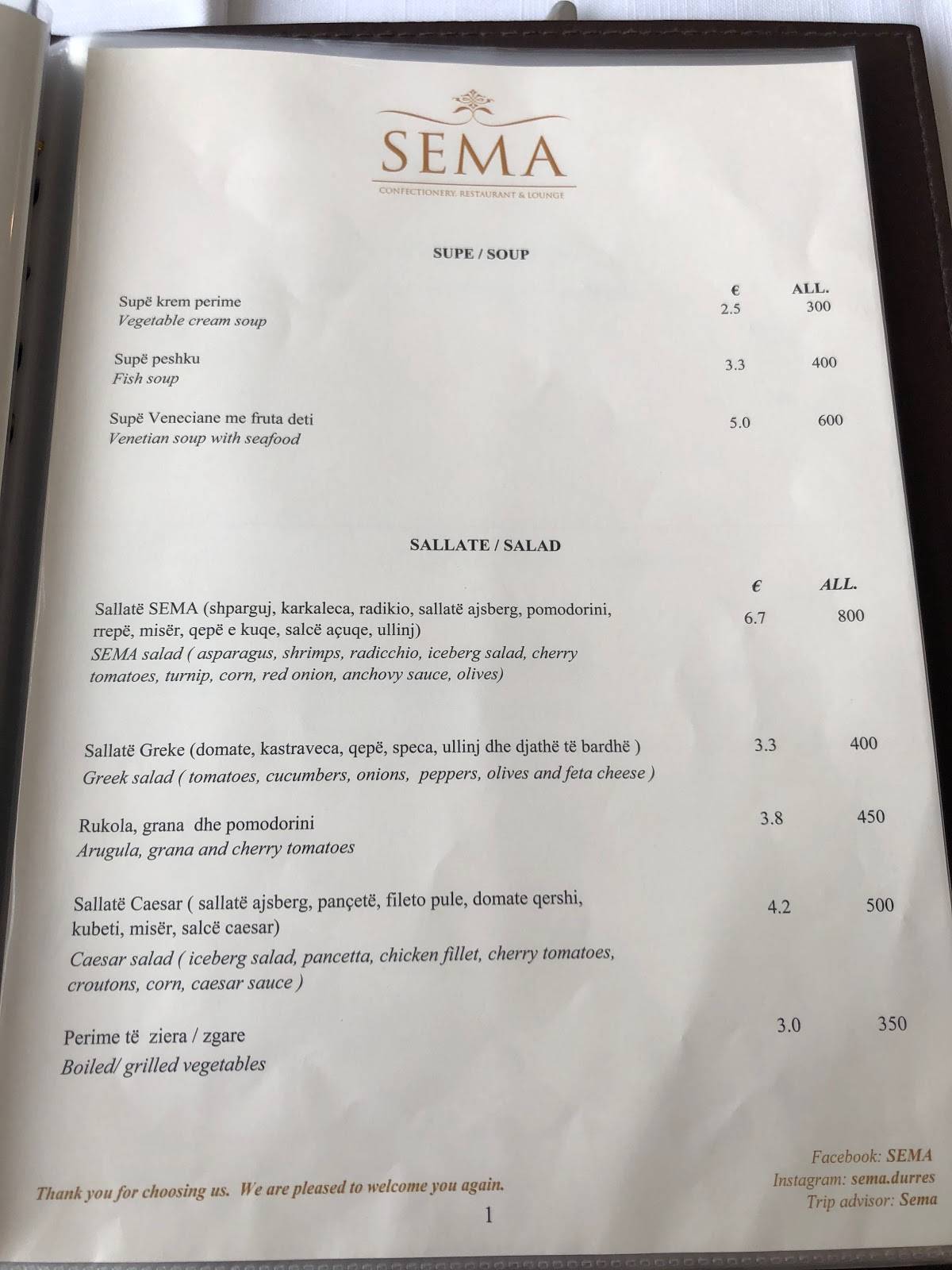 Menu at SEMA restaurant, Durrës
