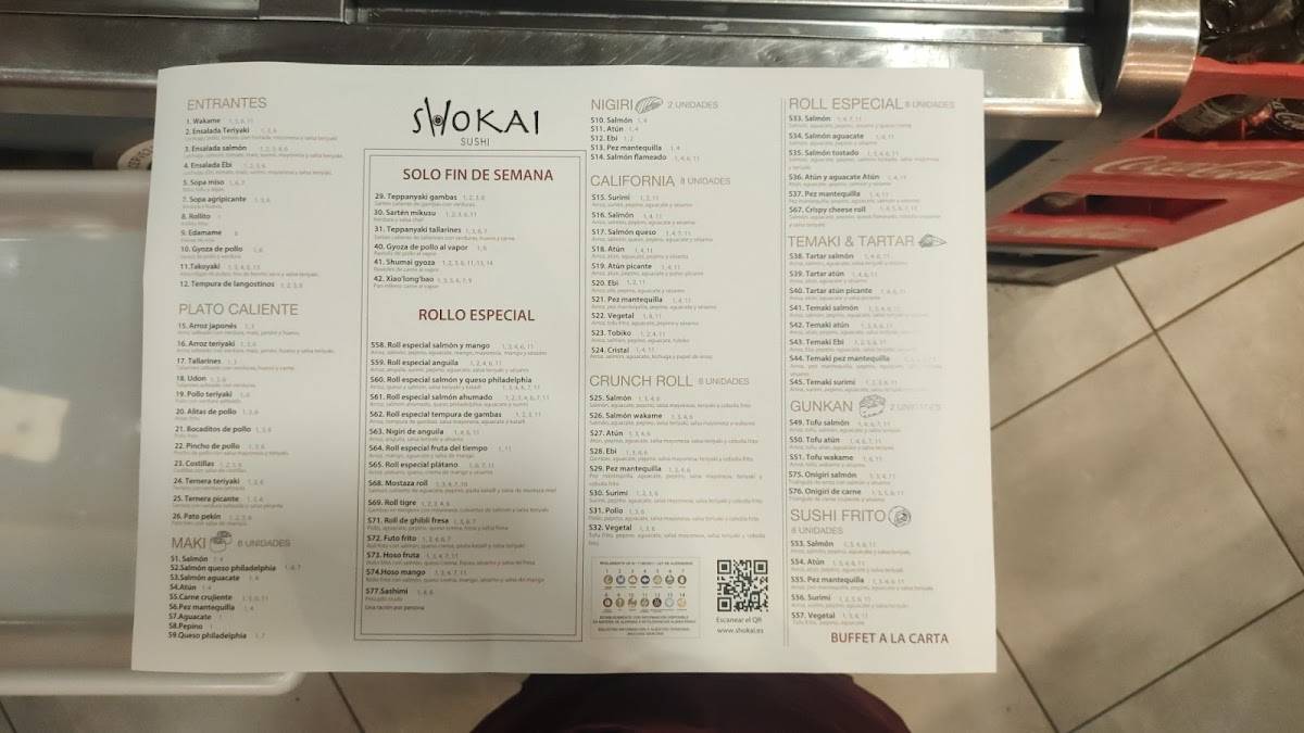 Carta de SHOKAI sushi bar, Castellón de la Plana