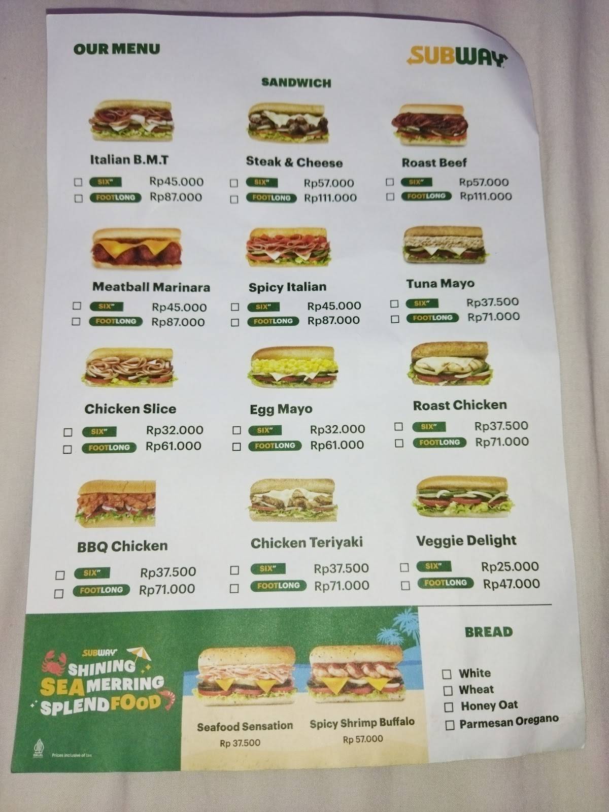 Menu at SUBWAY Terminal 3 Soekarno-Hatta Airport (CGK) restaurant ...