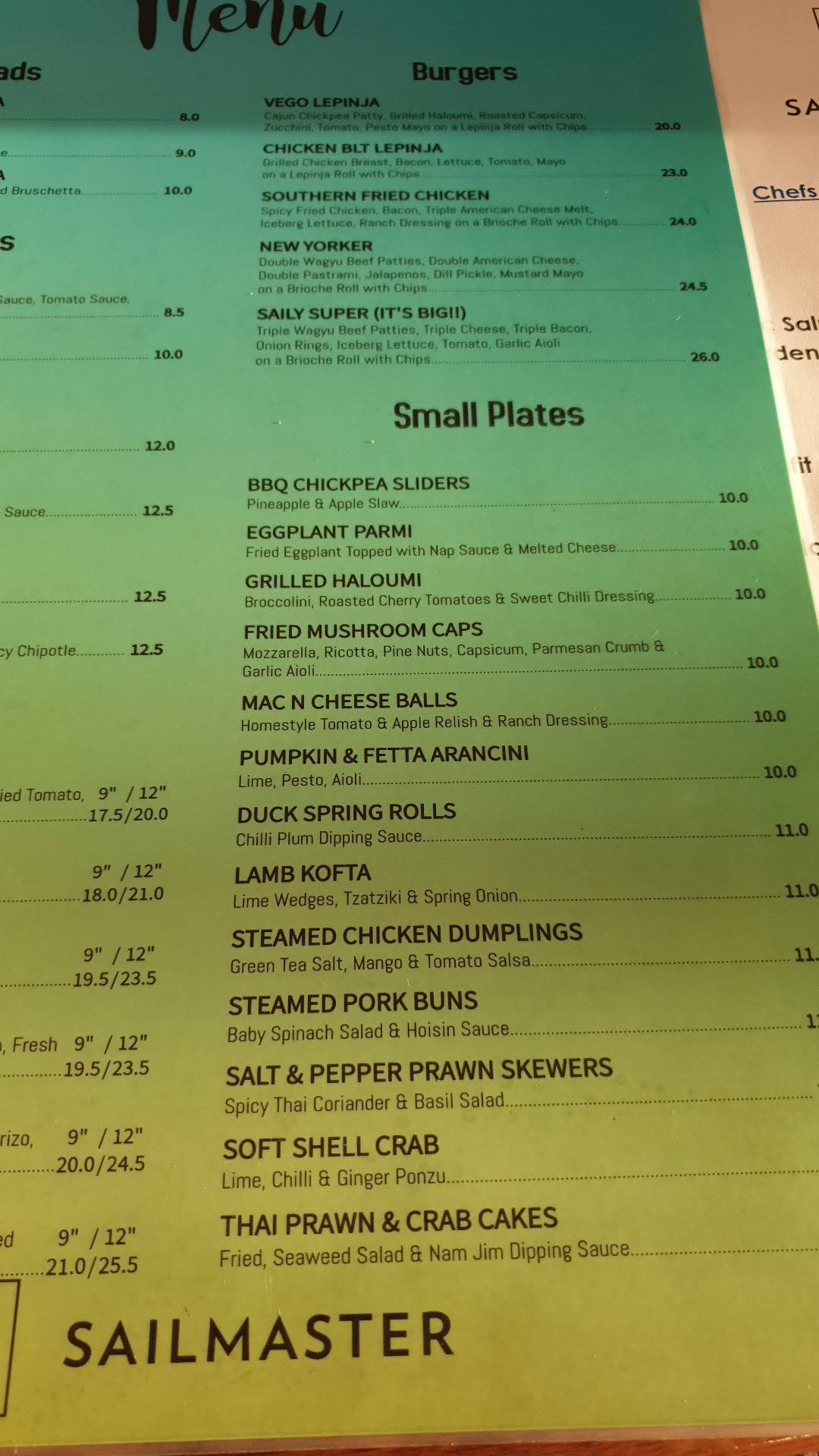 Menu at Sailmaster Tavern pub & bar, North Haven, 16 Arcadia Ct