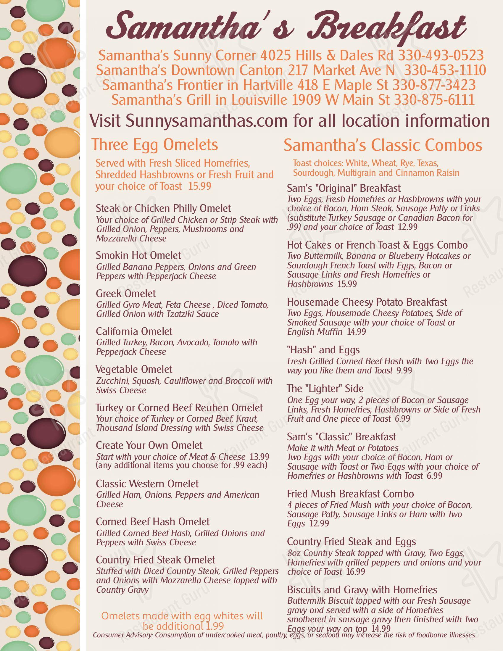 Menu at Samanthas Frontier Restaurant, Hartville