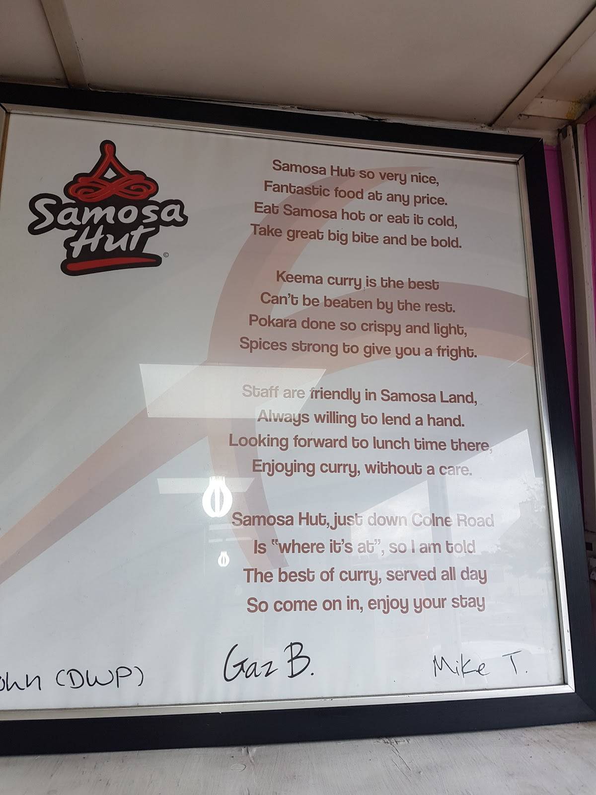 Menu at Samosa Hut Burnley restaurant, Burnley
