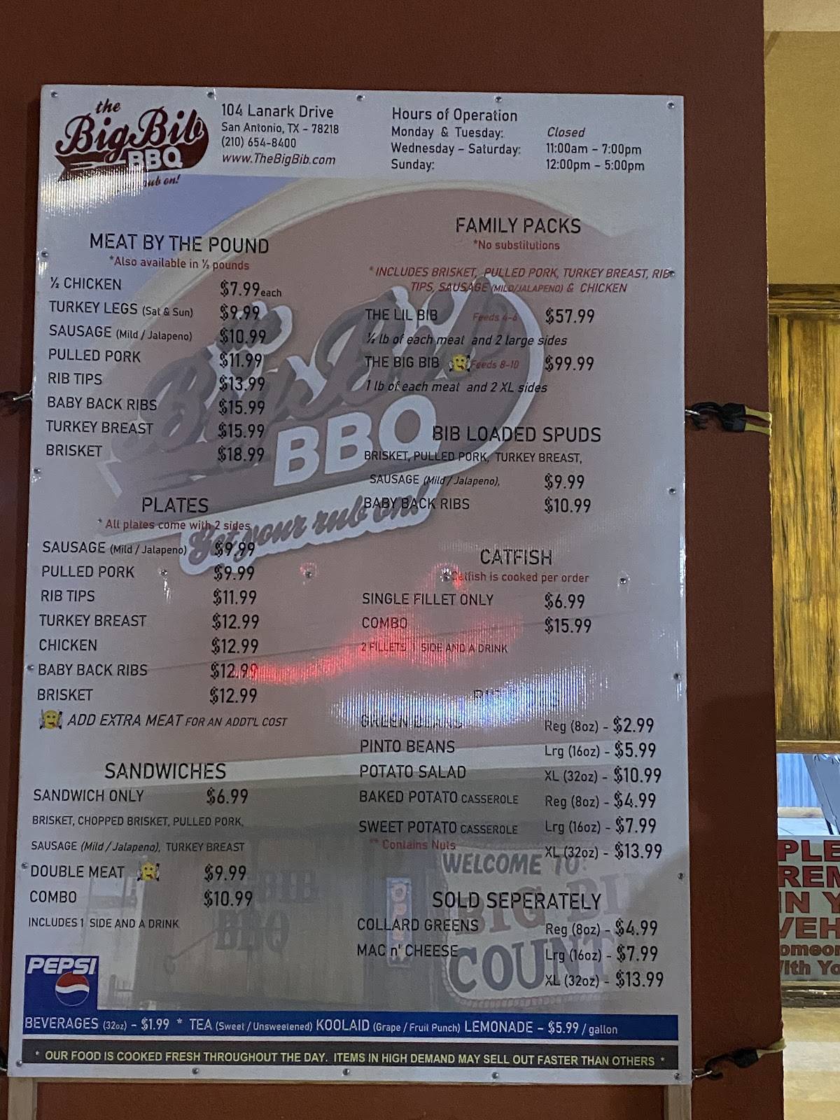 Menu at The Big Bib BBQ, San Antonio, 104 Lanark Dr