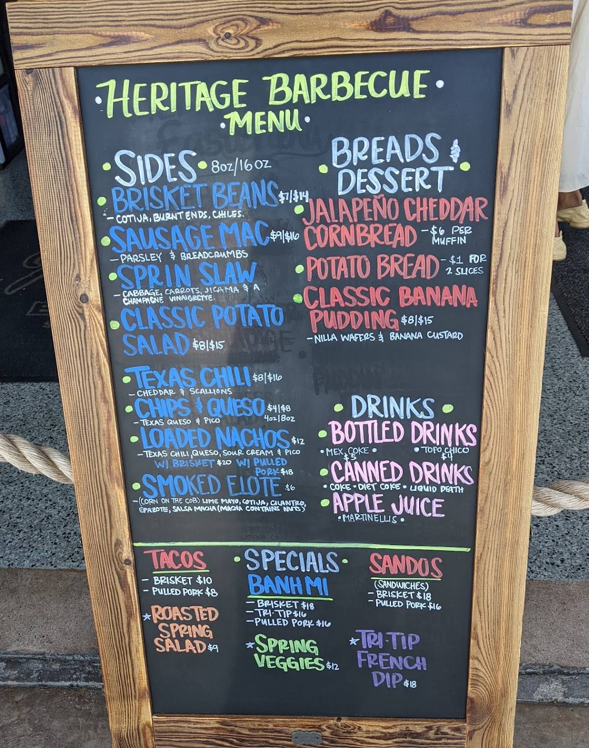 Menu at Heritage Barbecue, San Juan Capistrano