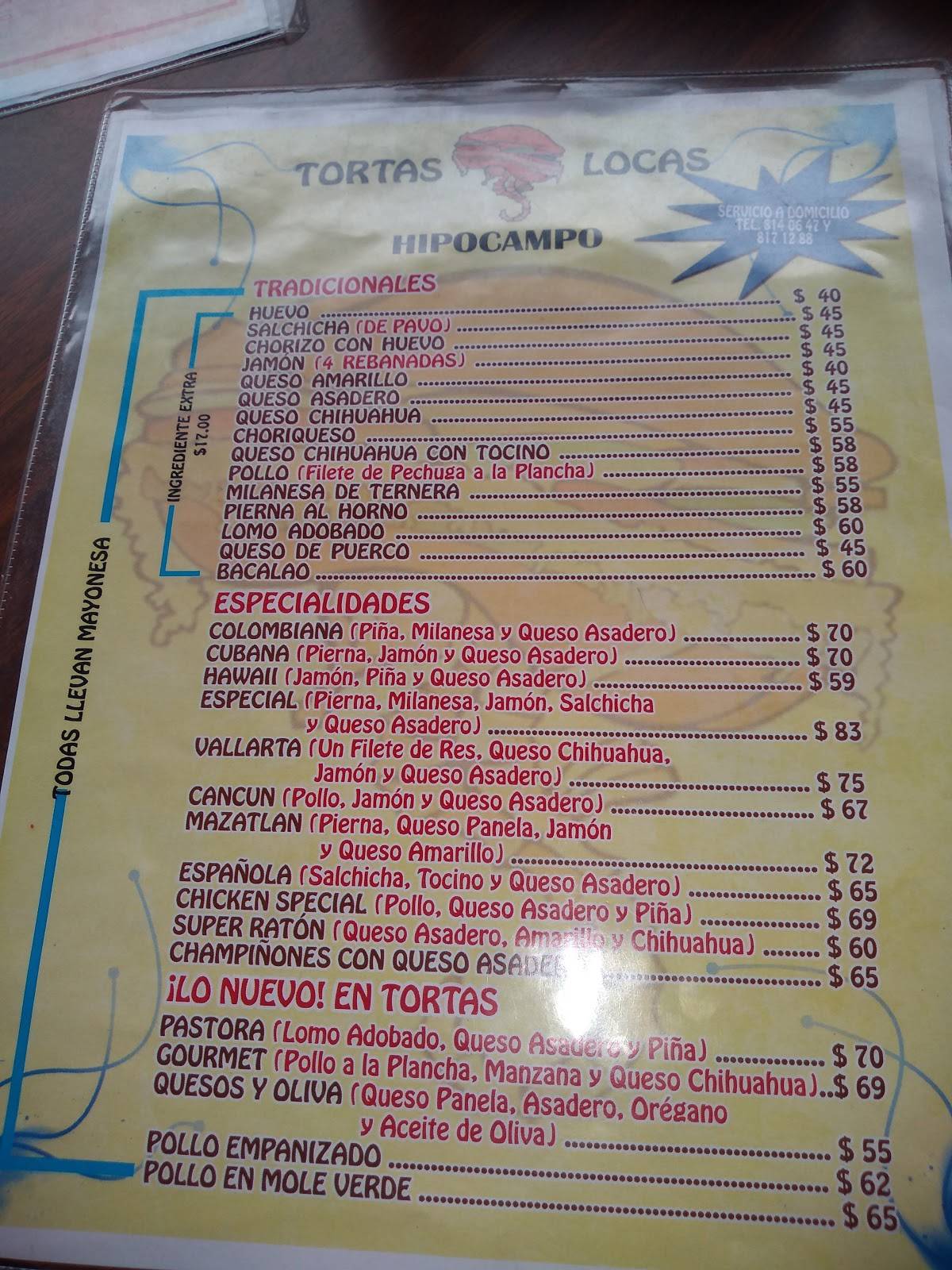 Menu at Tortas Locas Hipocampo restaurant, San Luis Potosi, Av ...