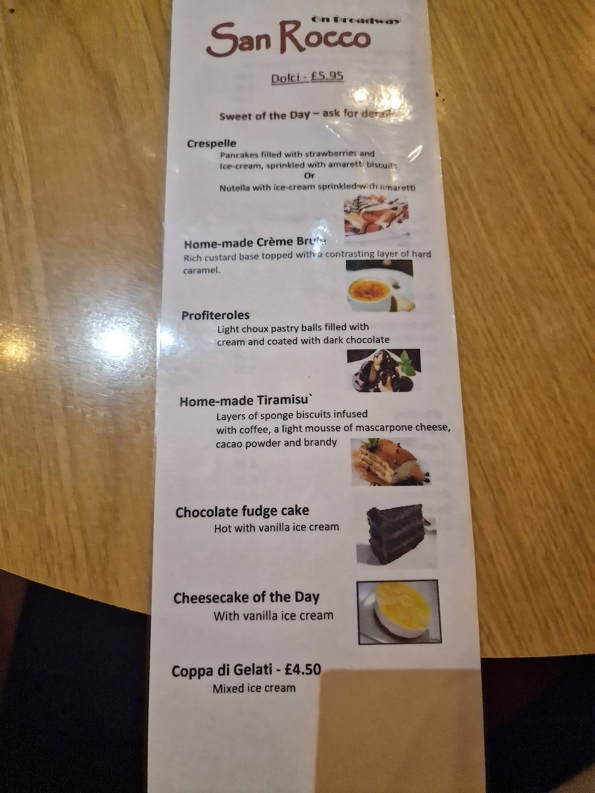 Menu at San Rocco restaurant, Oldham