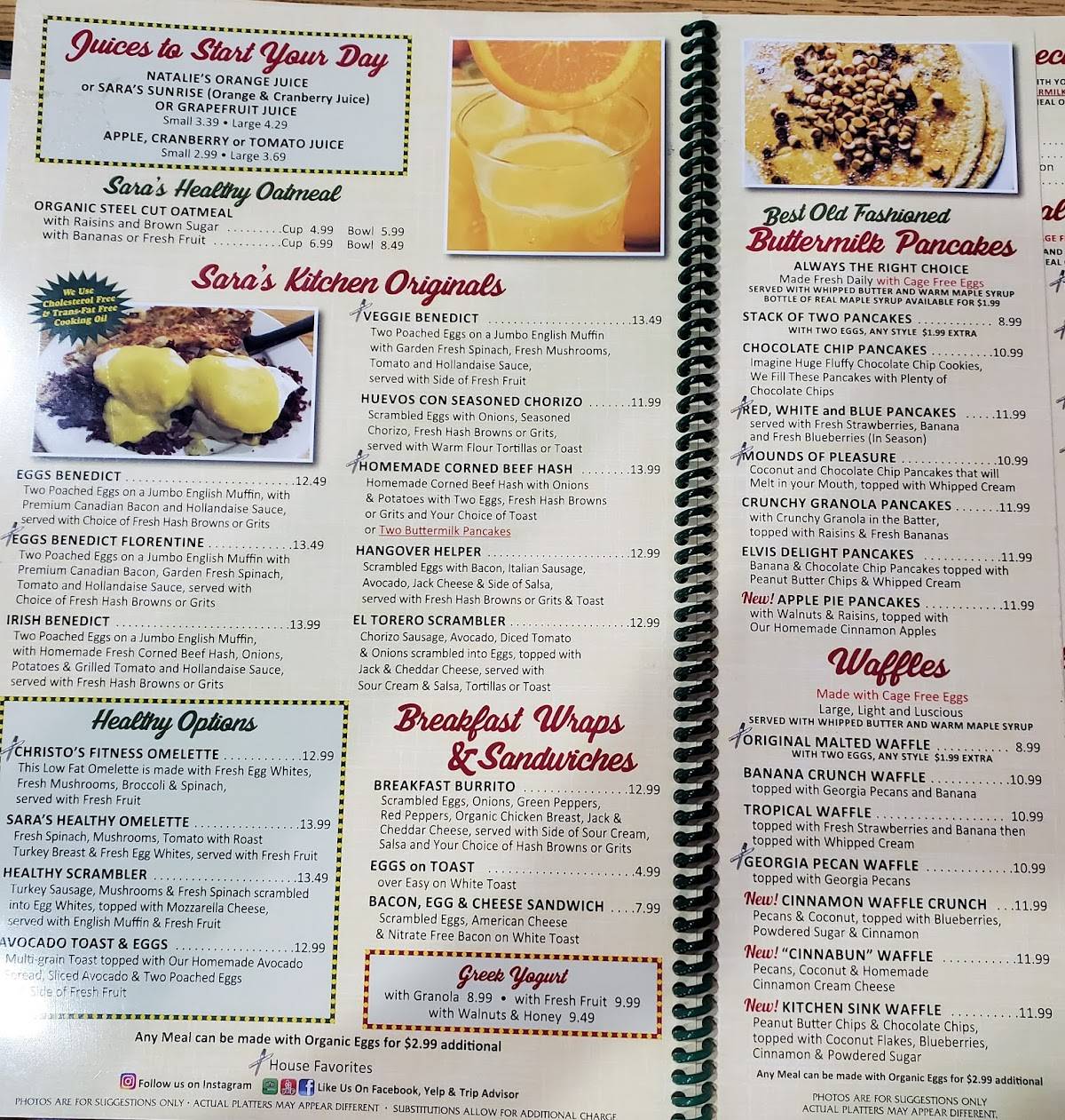 Menu at Sara's Kitchen restaurant, Palm Beach Gardens
