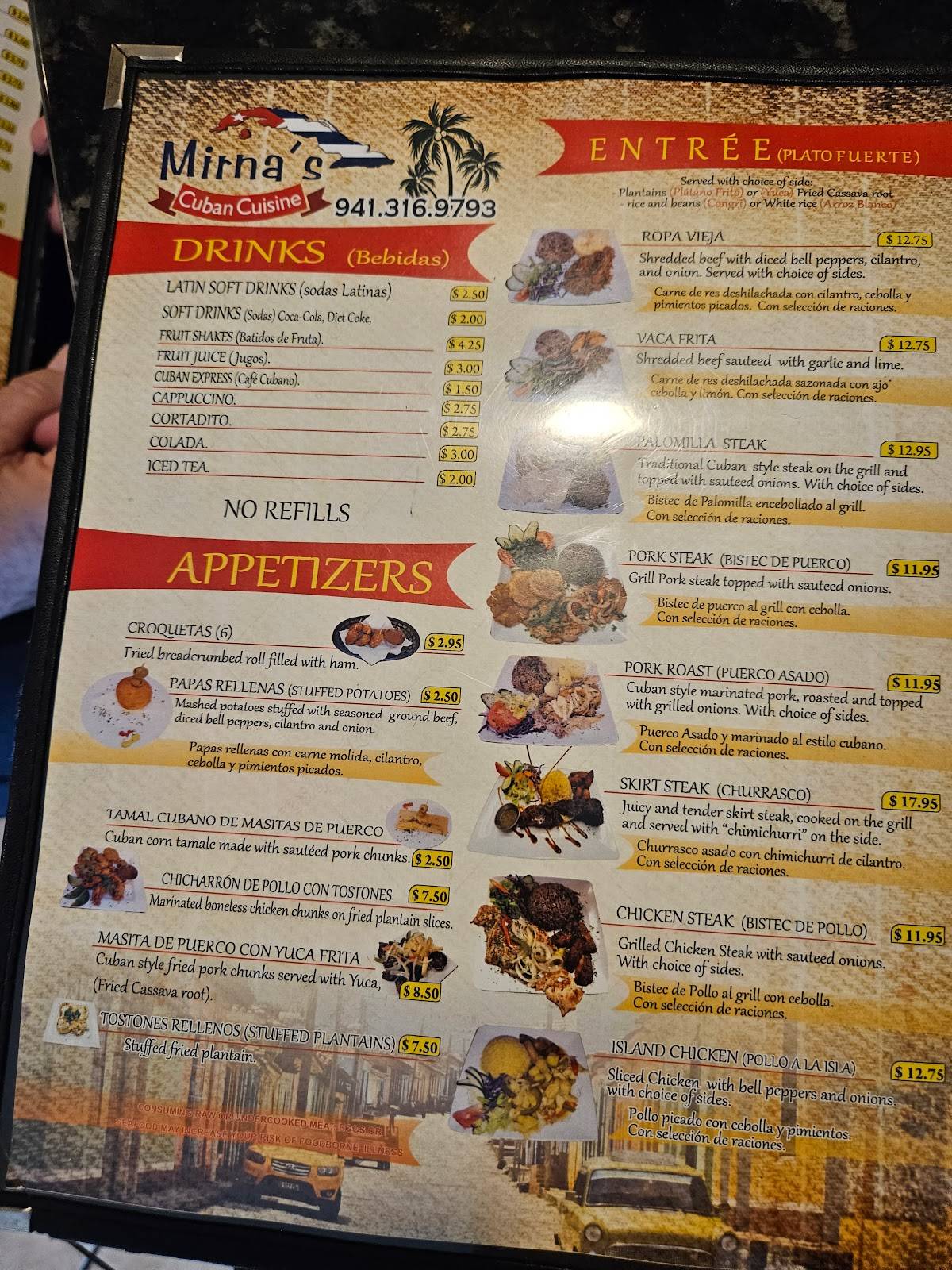 Menu at Mirna's Cuban Cuisine restaurant, Sarasota