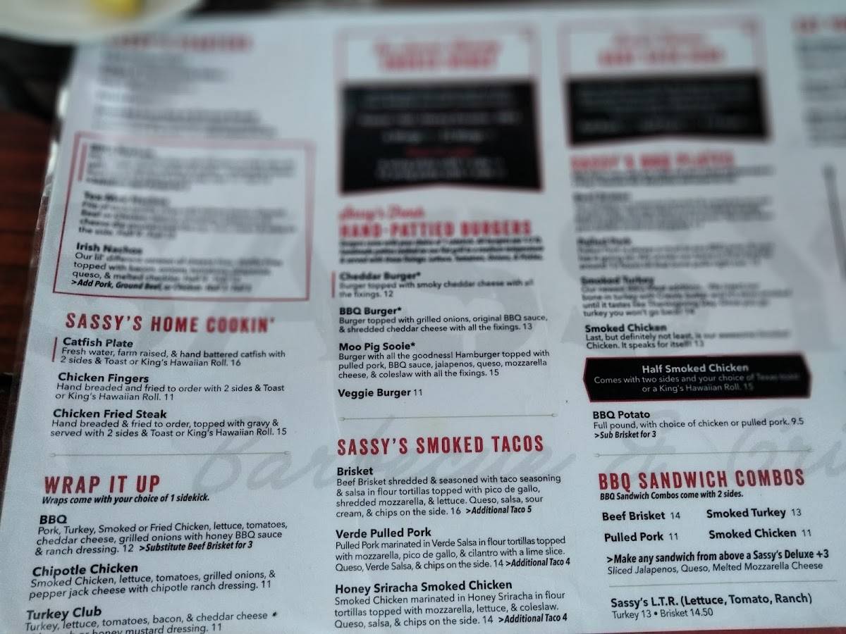 Menu at Sassy's Red House BBQ, Fayetteville