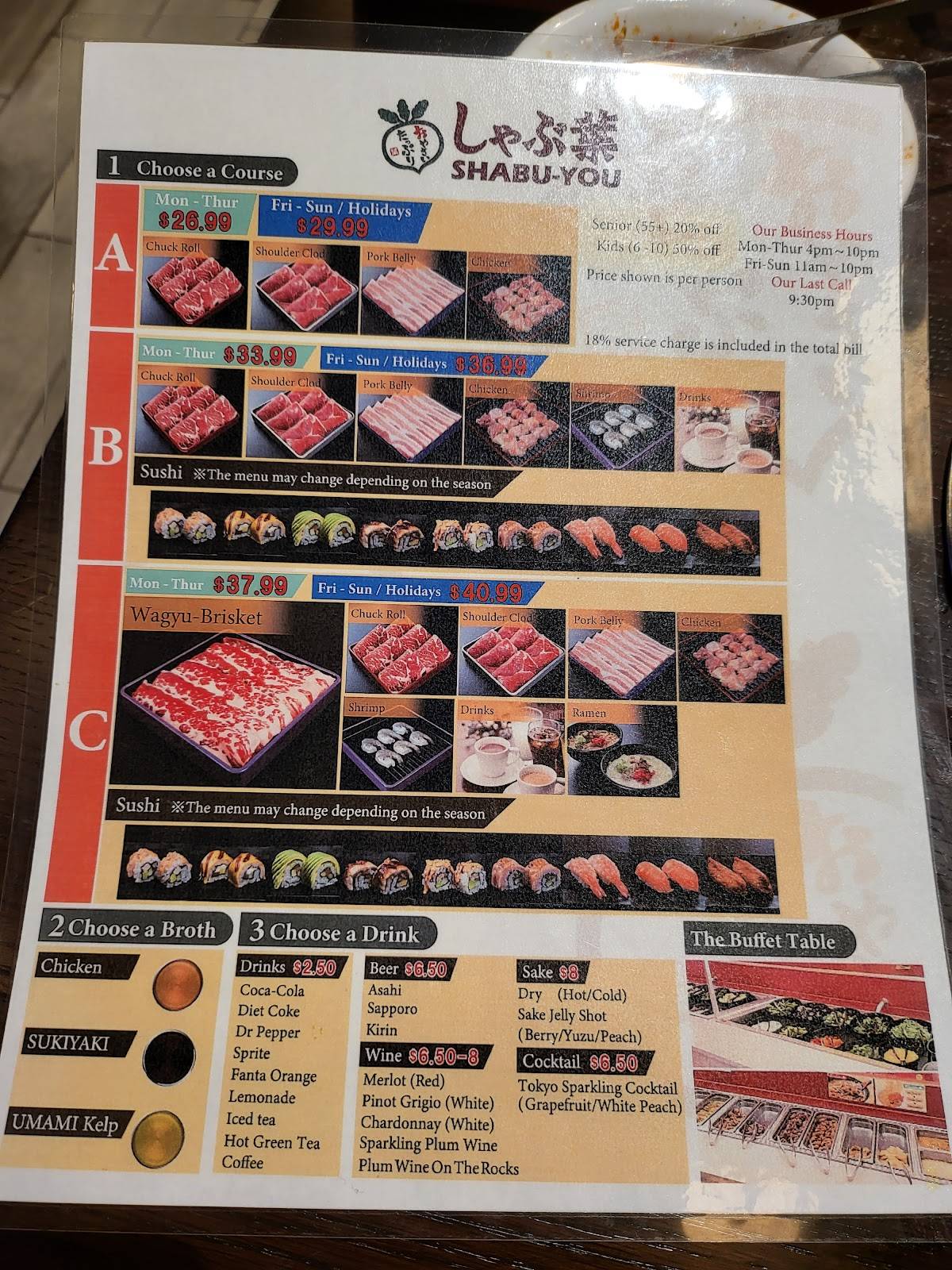 Menu at Shabu-You Japanese Buffet restaurant, Schaumburg