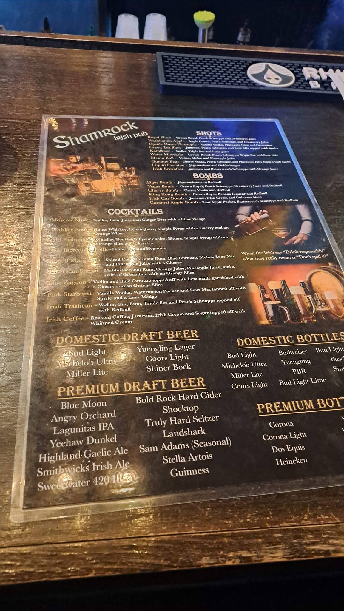 Menu at Shamrock Pub, Gatlinburg