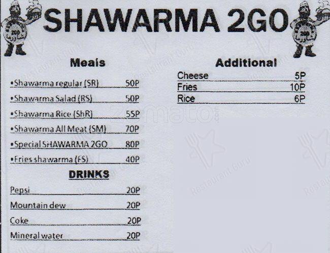 Menu at Shawarma 2GO restaurant, Manila