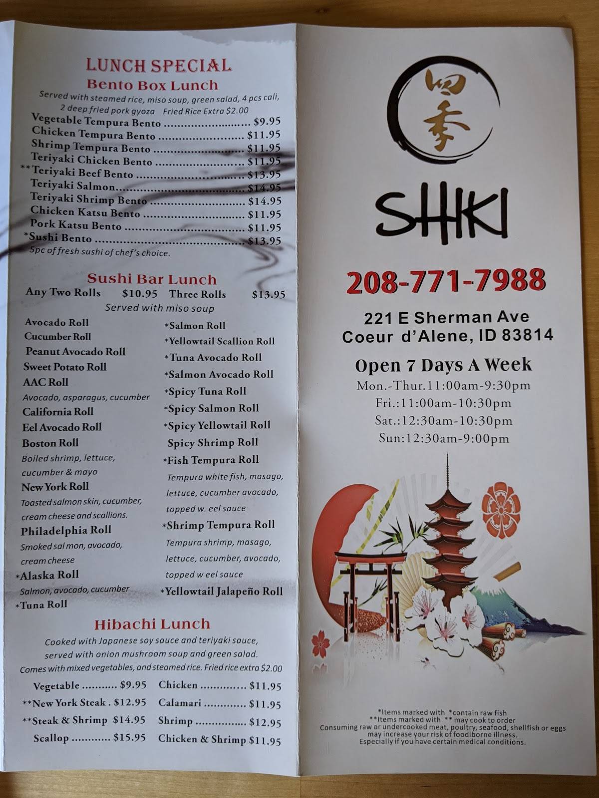 Menu at Shiki Sushi Bar & Japanese Grill, Coeur d'Alene
