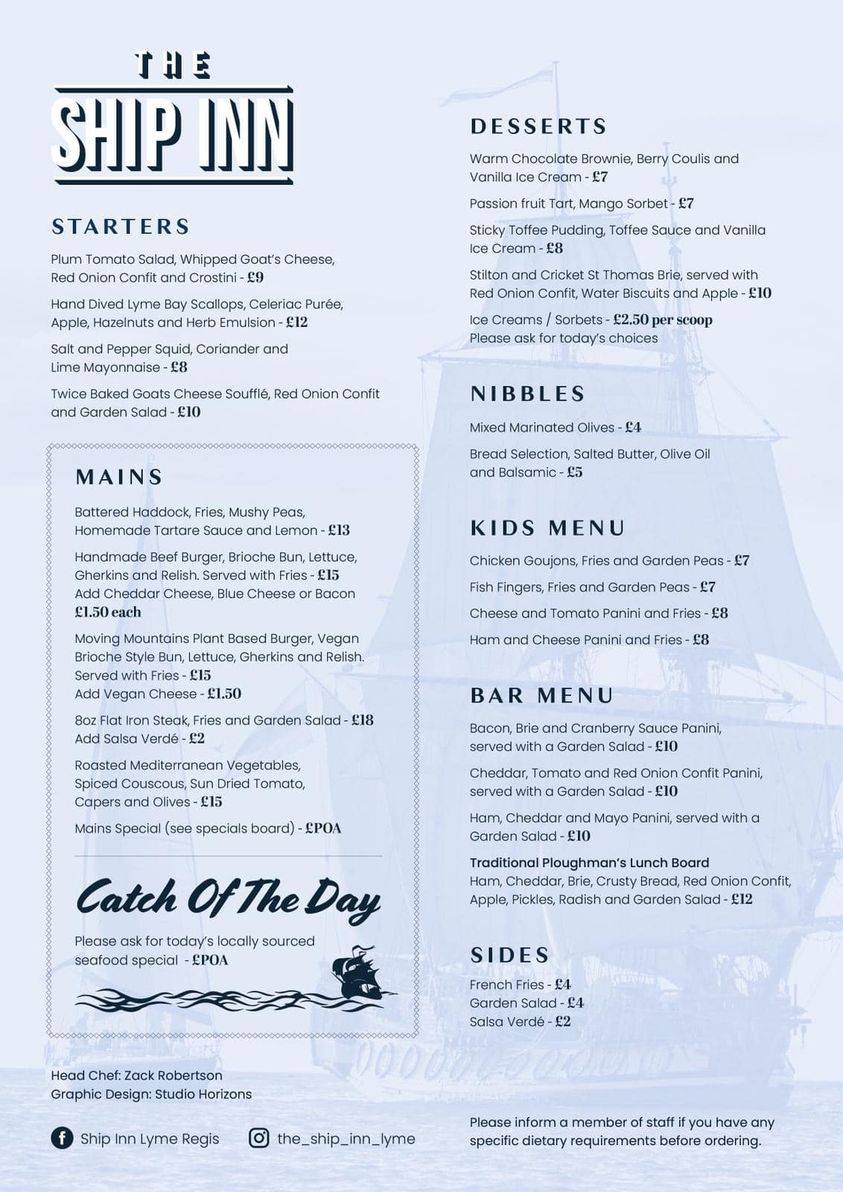 Menu at Ship Inn, Lyme Regis pub & bar, Lyme Regis