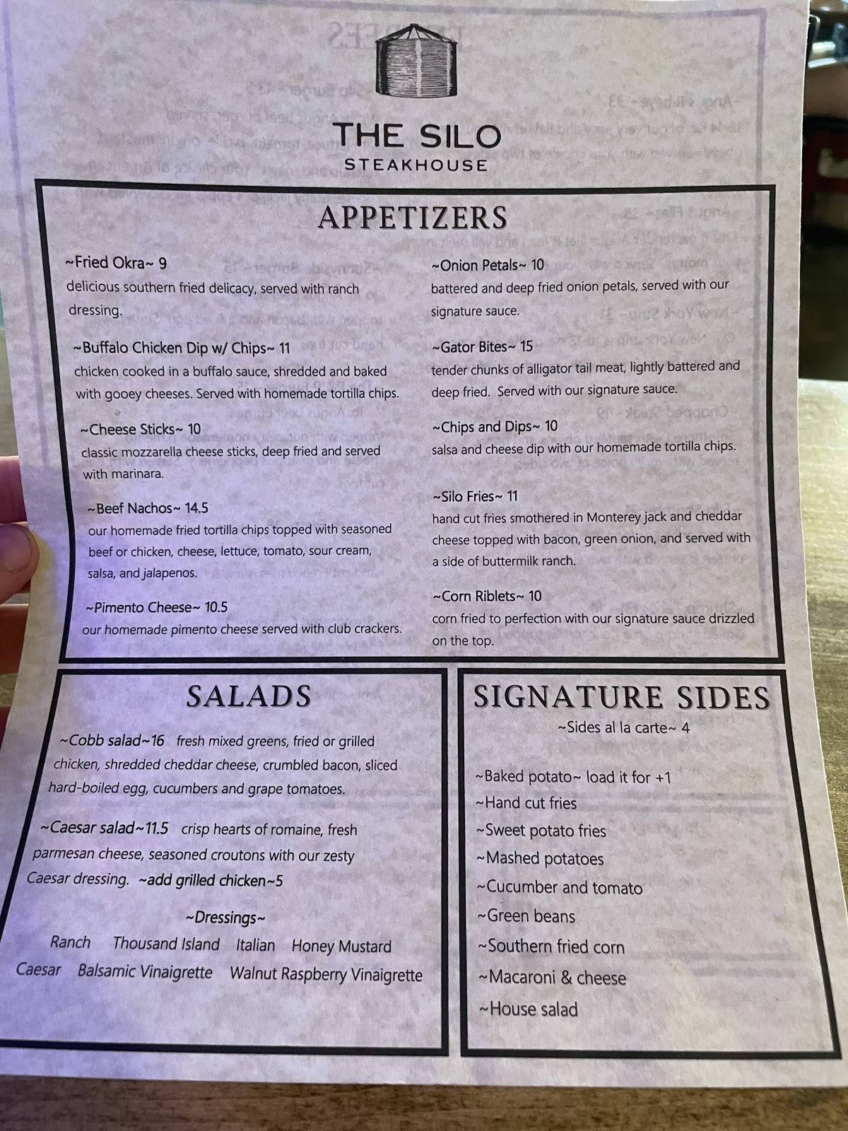 Menu at Silo Steakhouse, Gay