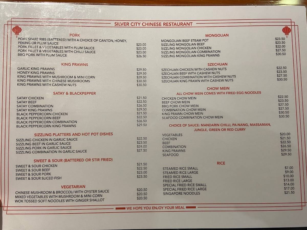Menu at Silver City Chinese Restaurant, Broken Hill