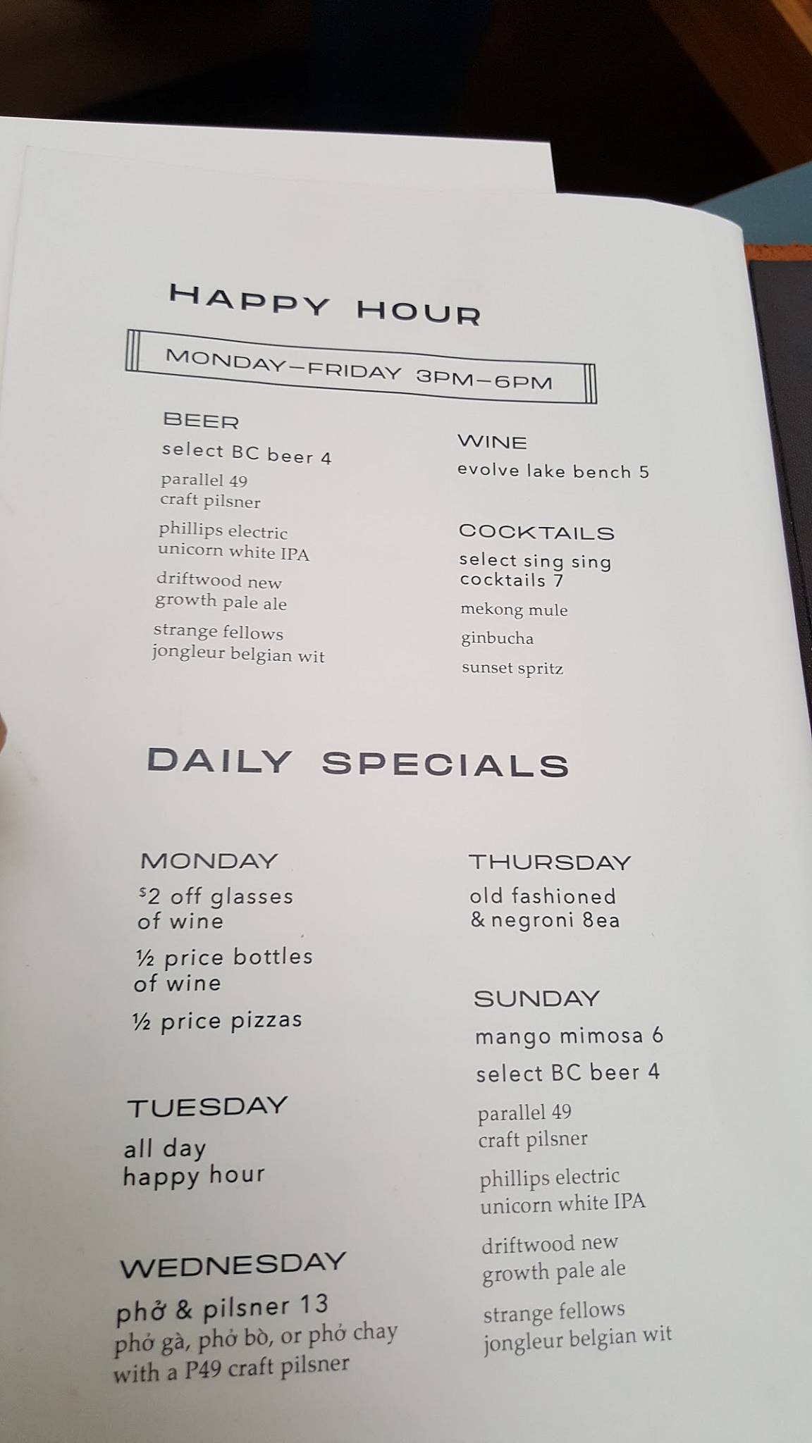 Menu at Sing Sing pub & bar, Vancouver, Main St