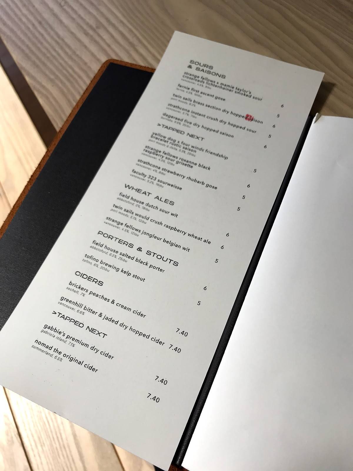 Menu at Sing Sing pub & bar, Vancouver, Main St