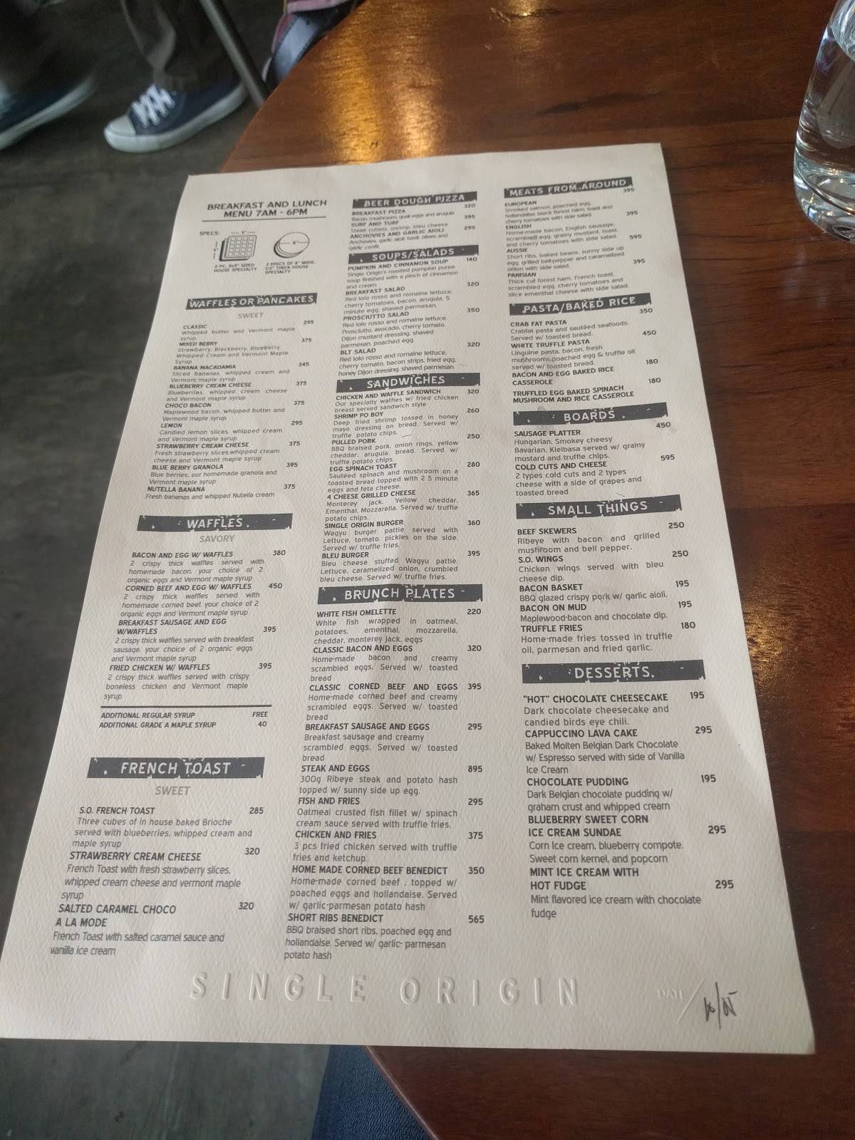 Menu at Single Origin - Rockwell cafe, Makati, 28 Amorsolo Dr