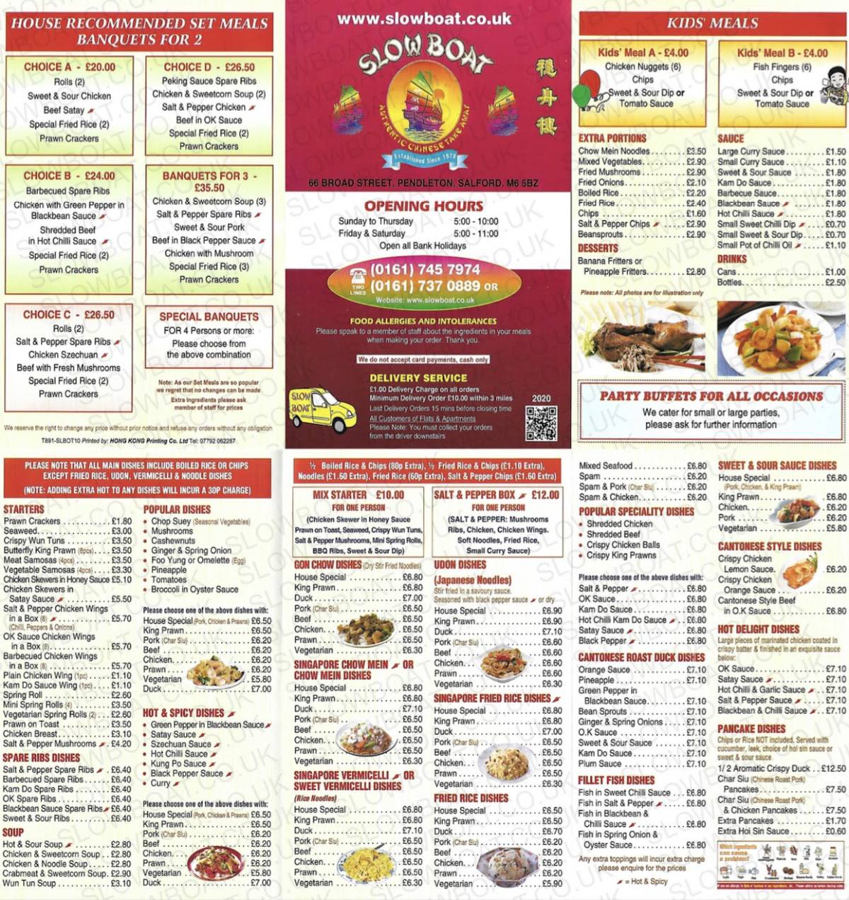 Menu at Slow Boat fast food, Salford
