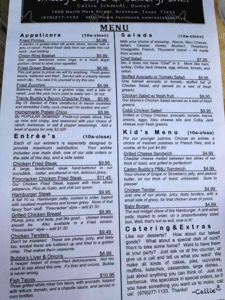 Menu at Smitty's pub & bar, Brenham