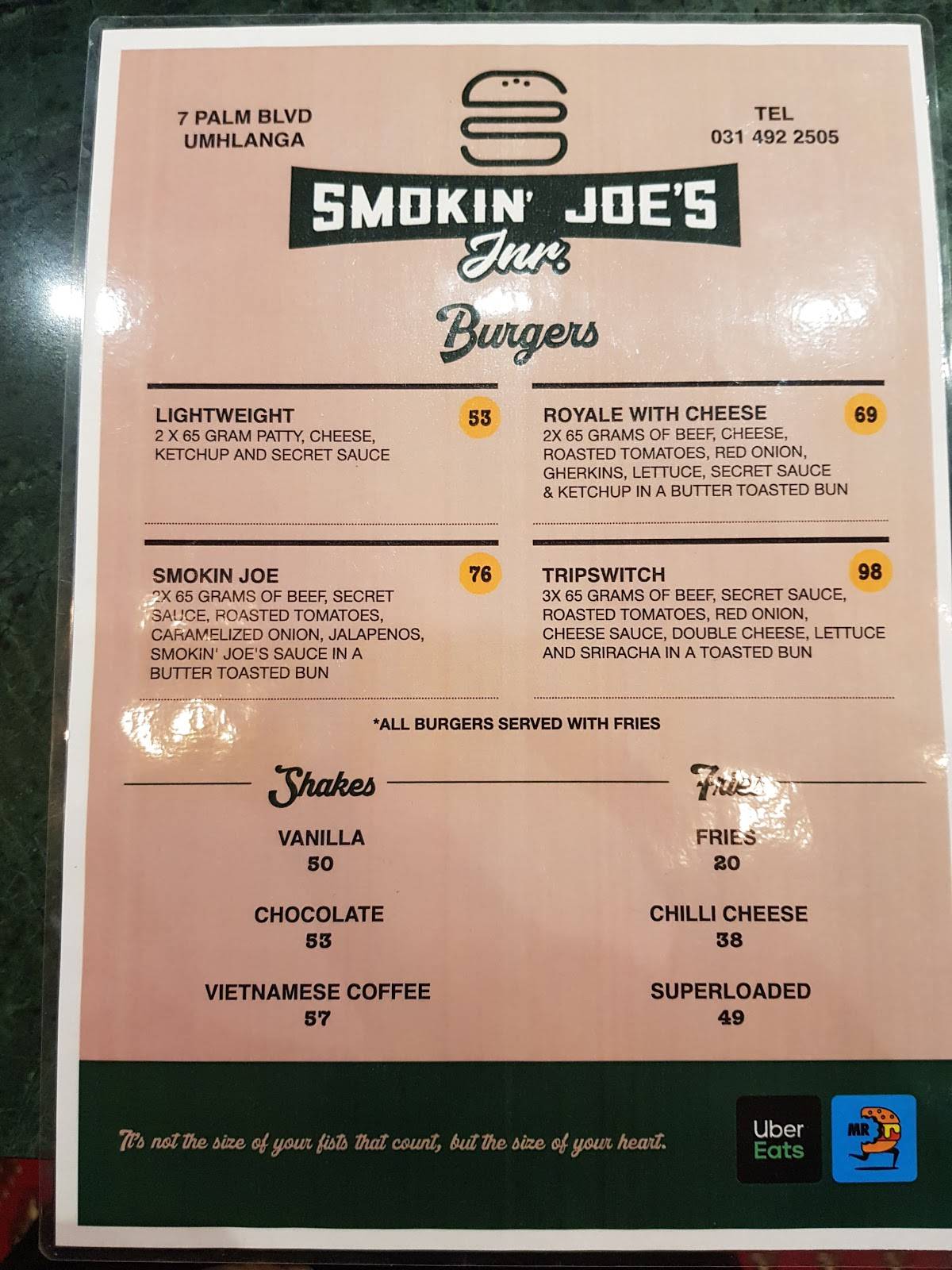 Menu at Smokin' Joe's Jnr restaurant, Durban