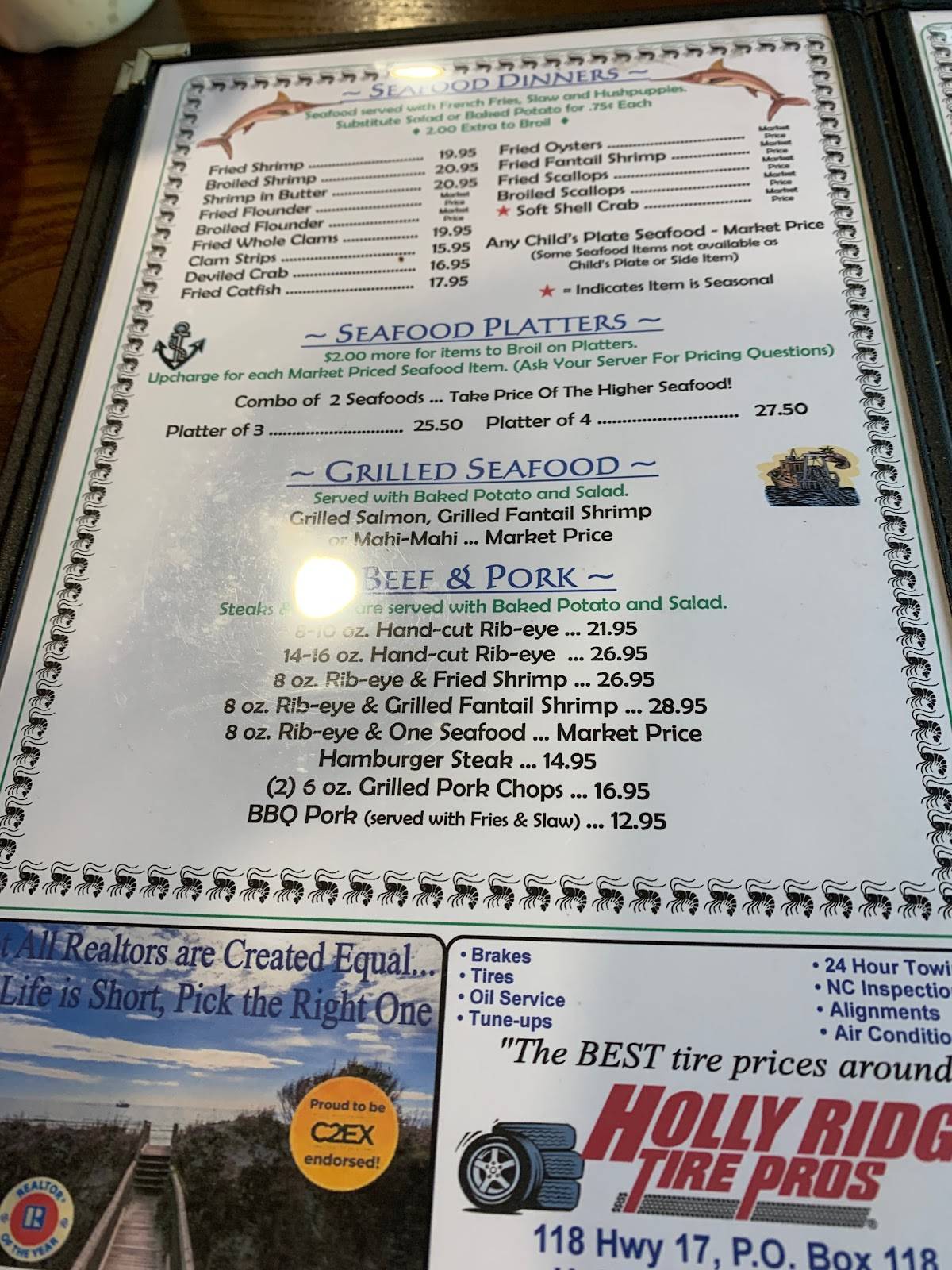Menu at Riverview Cafe, Sneads Ferry